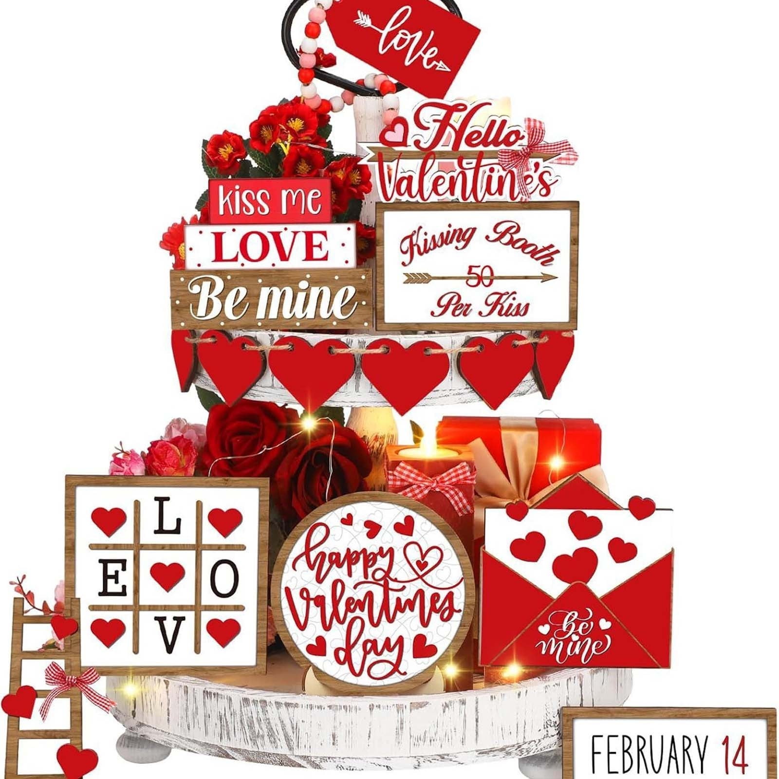 DefiDgd 15pcs Valentine's Day Tiered Tray Decor,Valentines Heart Wood ...