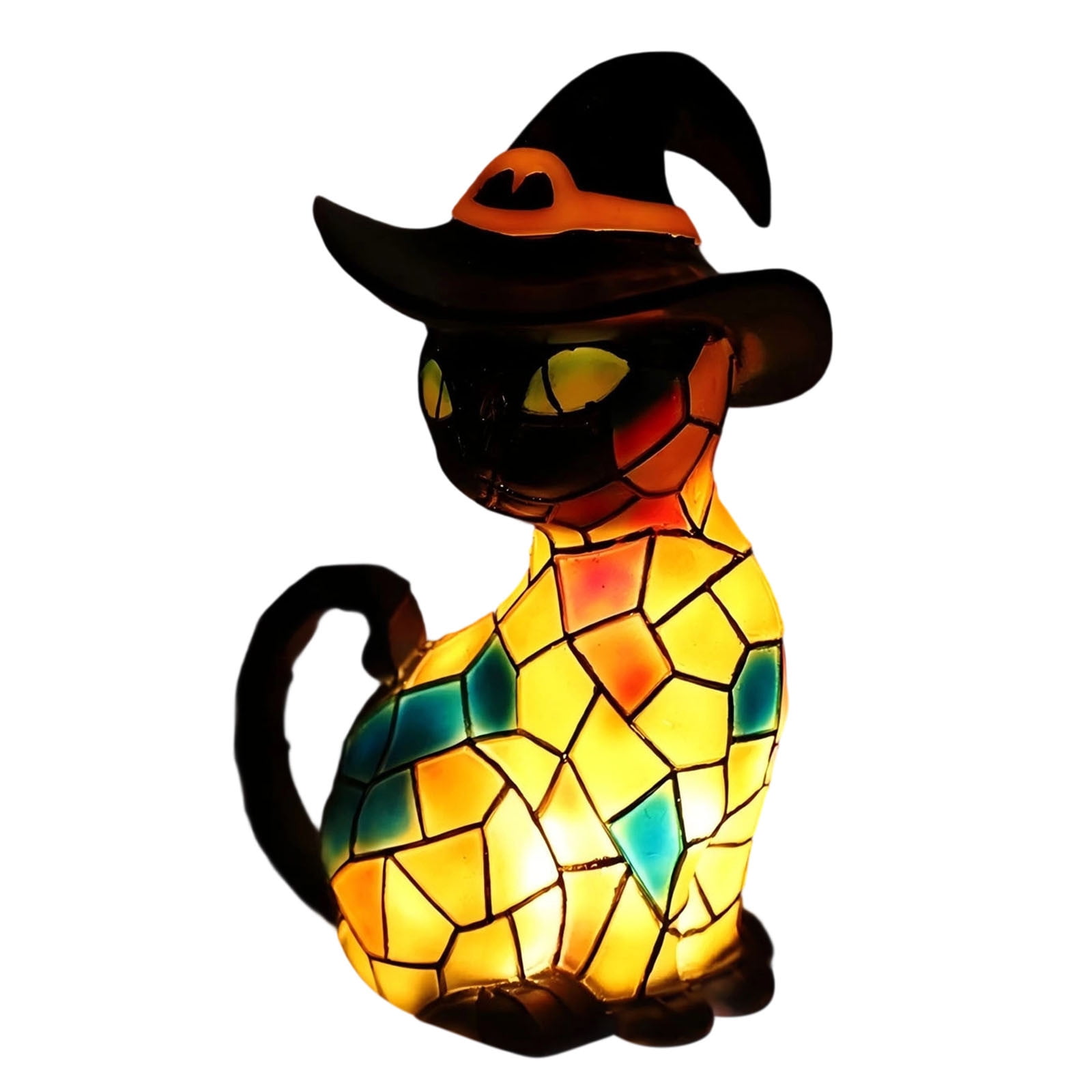 DefiDgd Halloween Witch Hat Cat Desk Lamp For Table Decoration,Stained Resin Cat Tabletop Light ...