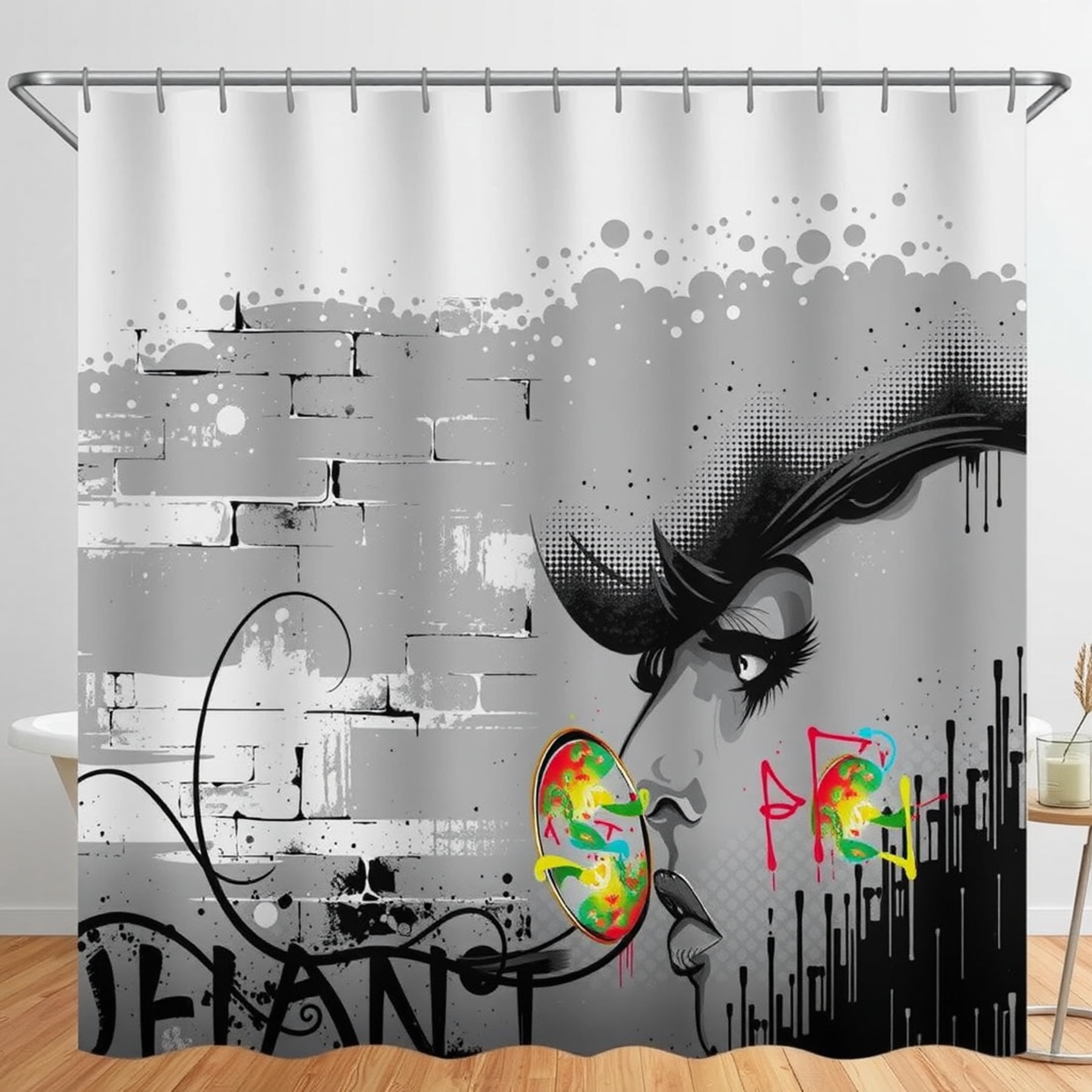 Defiant Art Shower Curtain - Gray Brick Background, Bold Woman's ...
