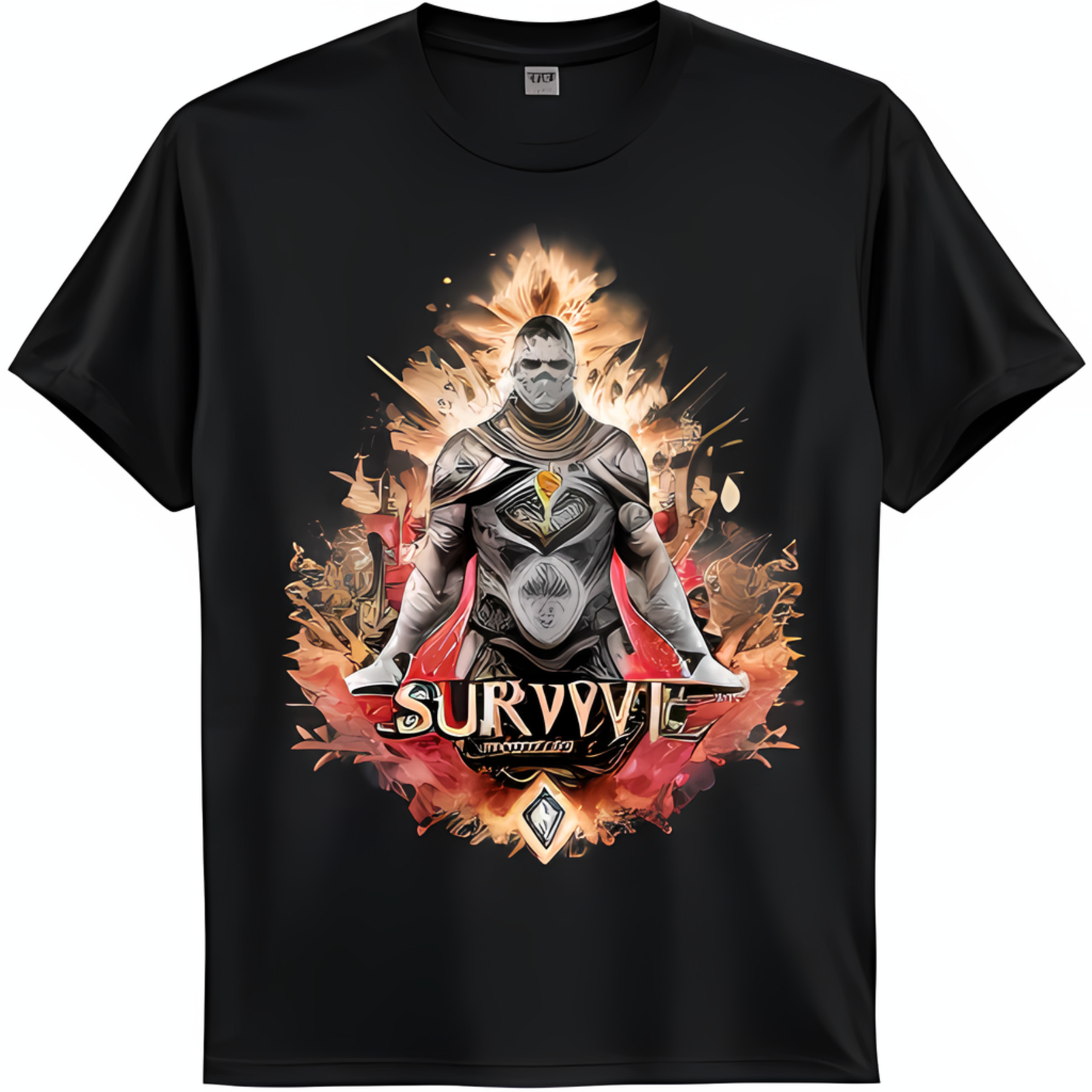 Defiant Character in Silver Suit with Fiery Design Black Graphic T ...