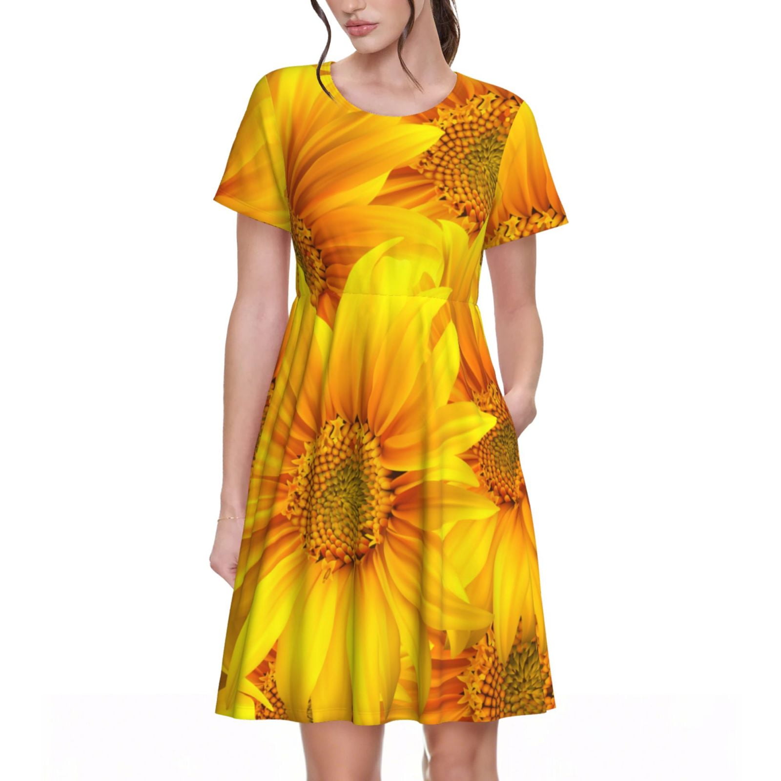 Defioc 3D Sunflowers Pattern Womens Summer Dresses Short Sleeve ...
