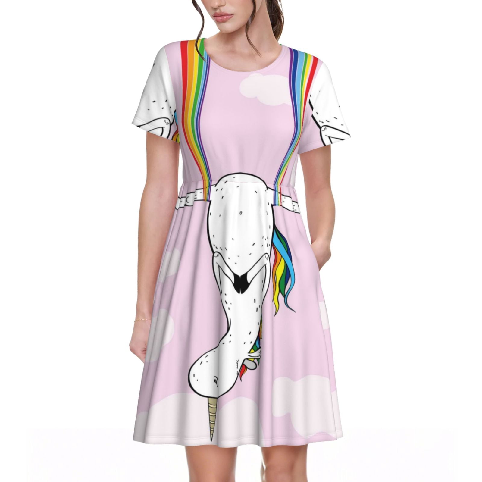 Defioc Aerial Yoga for Unicorn Pattern Womens Summer Dresses Short ...