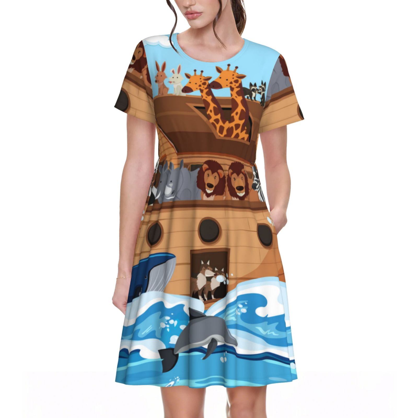 Defioc Animals on Noah's Ark Pattern Womens Summer Dresses Short Sleeve ...