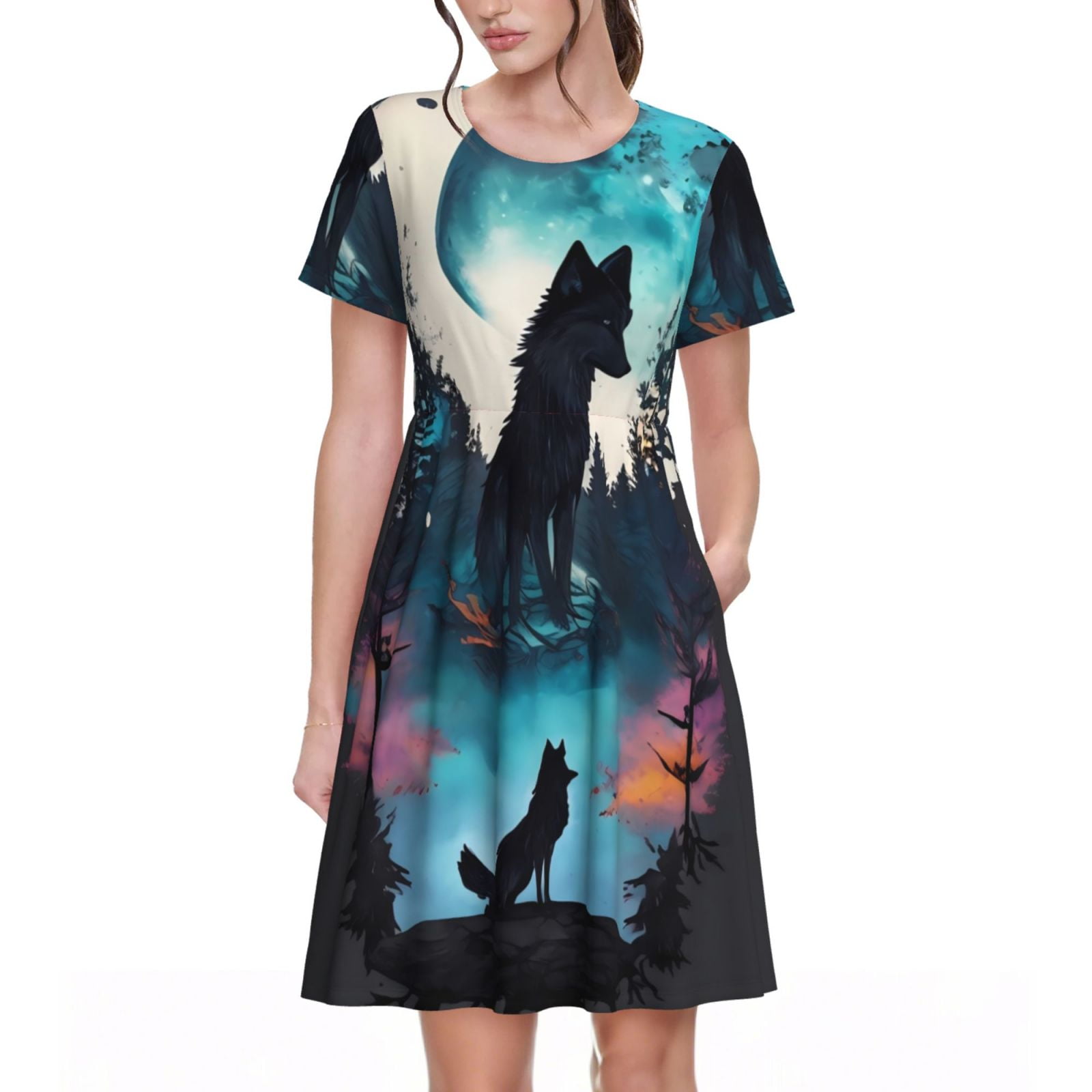 Defioc Artistic Moon Valley Wolf Pattern Womens Summer Dresses Short ...