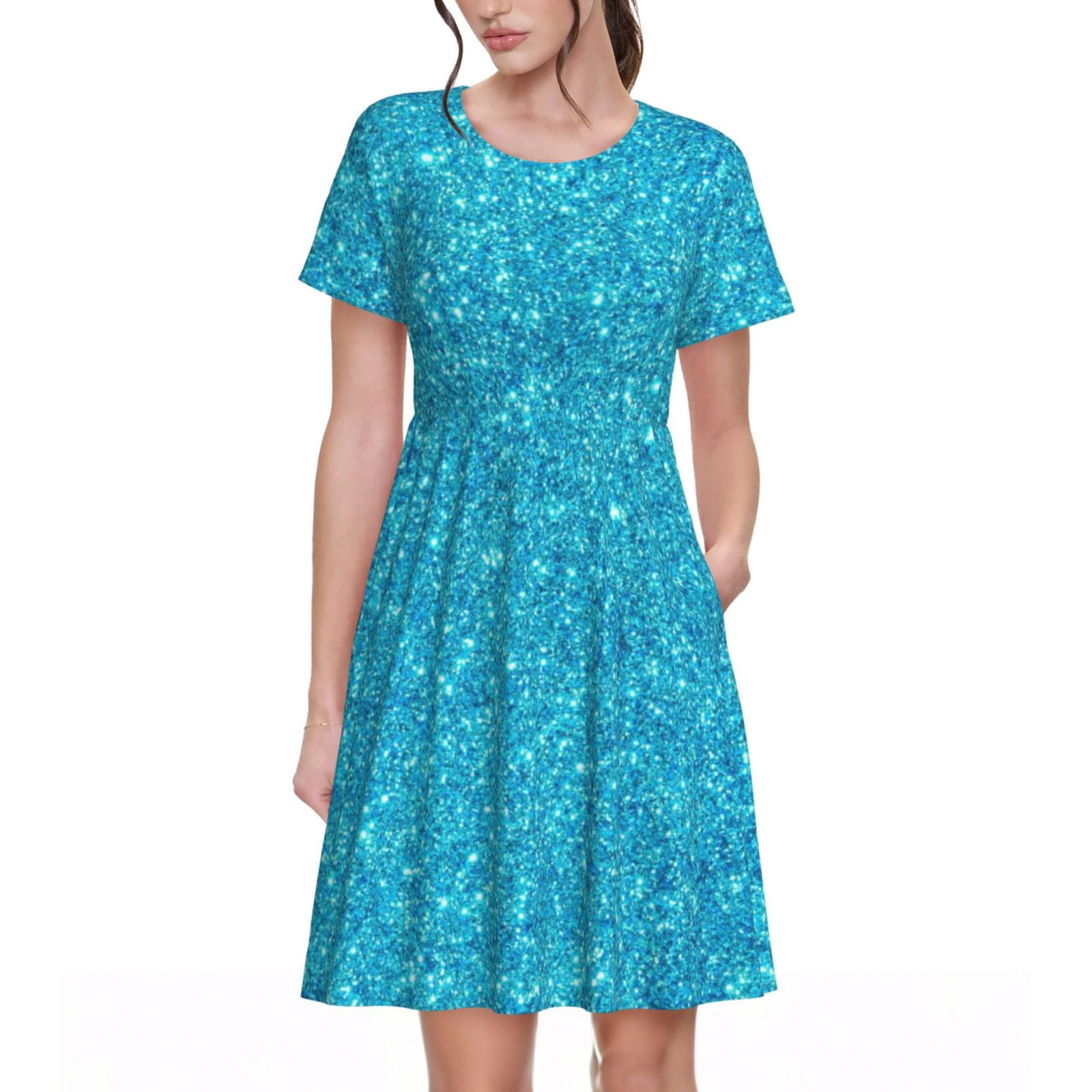 Defioc Blue Glitter Pattern Womens Summer Dresses Short Sleeve Sundress ...