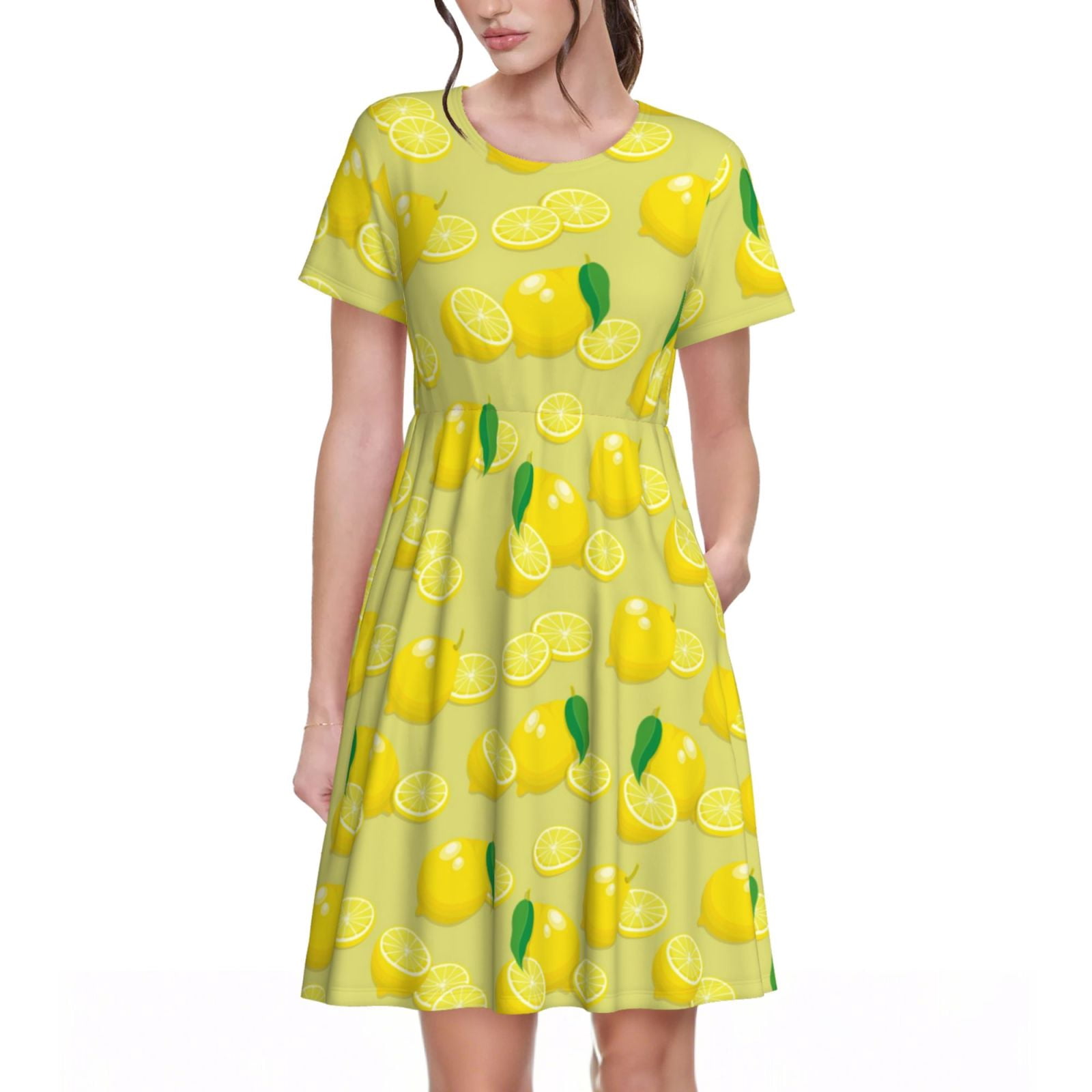 Defioc Bright Lemons Pattern Womens Summer Dresses Short Sleeve ...