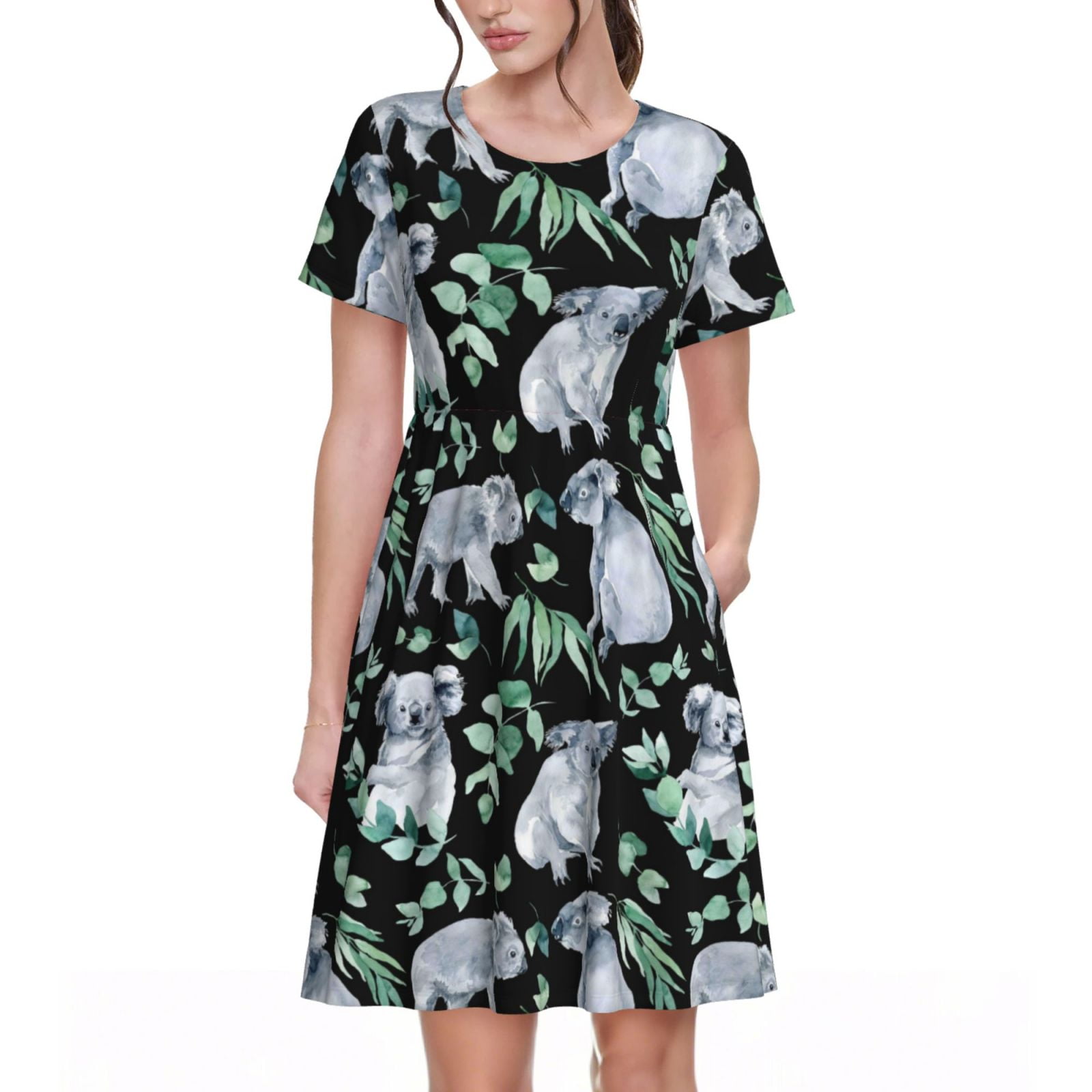 Defioc Cartoon Koala Bear Pattern Womens Summer Dresses Short Sleeve ...