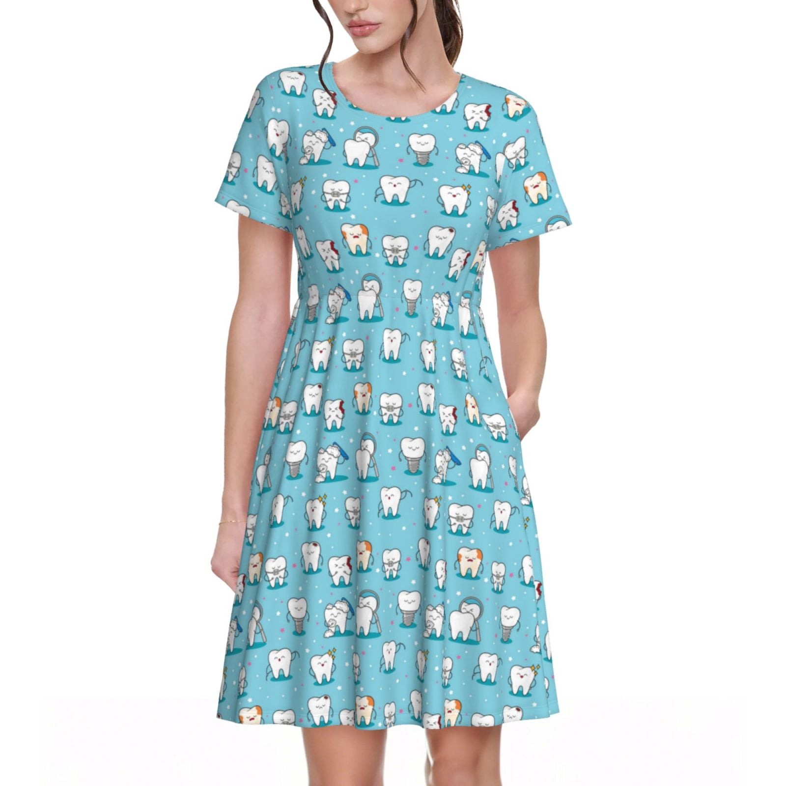 Defioc Cartoon Teeth Pattern Womens Summer Dresses Short Sleeve ...