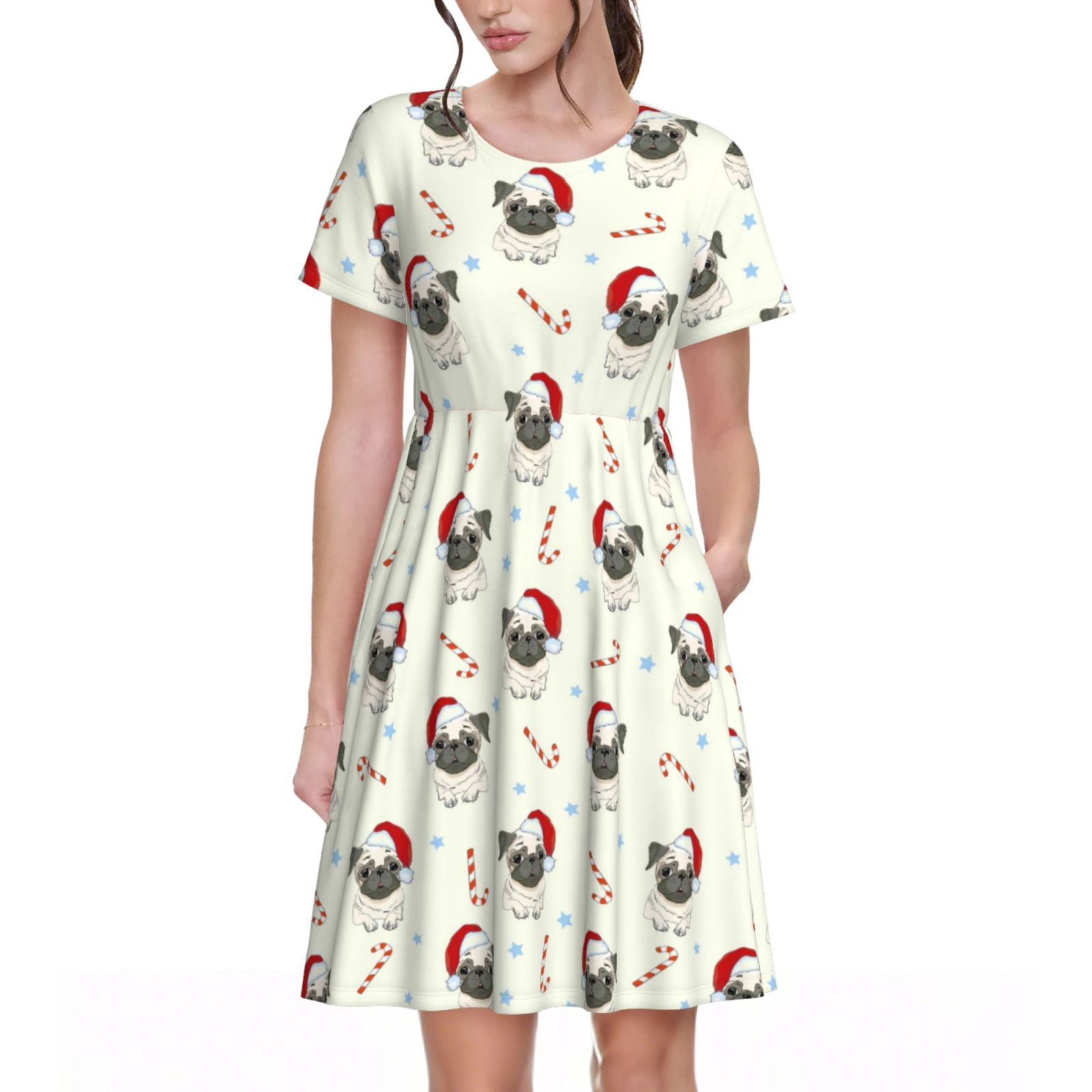 Defioc Christmas Pug Dog Pattern Womens Summer Dresses Short Sleeve ...