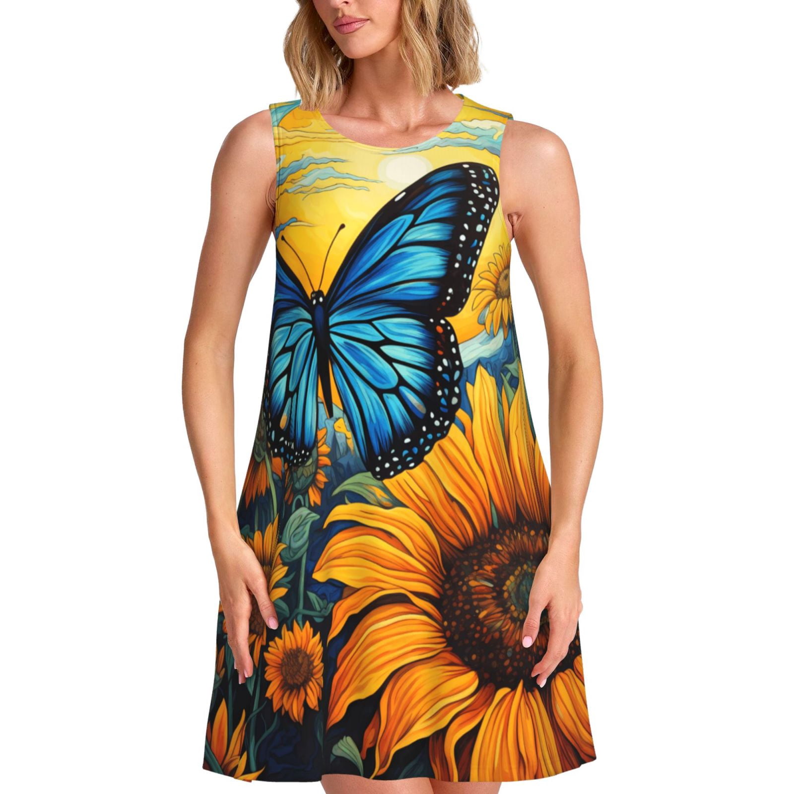 Defioc Colorful Cloud Butterfly Sunflower Pattern Women's Summer ...