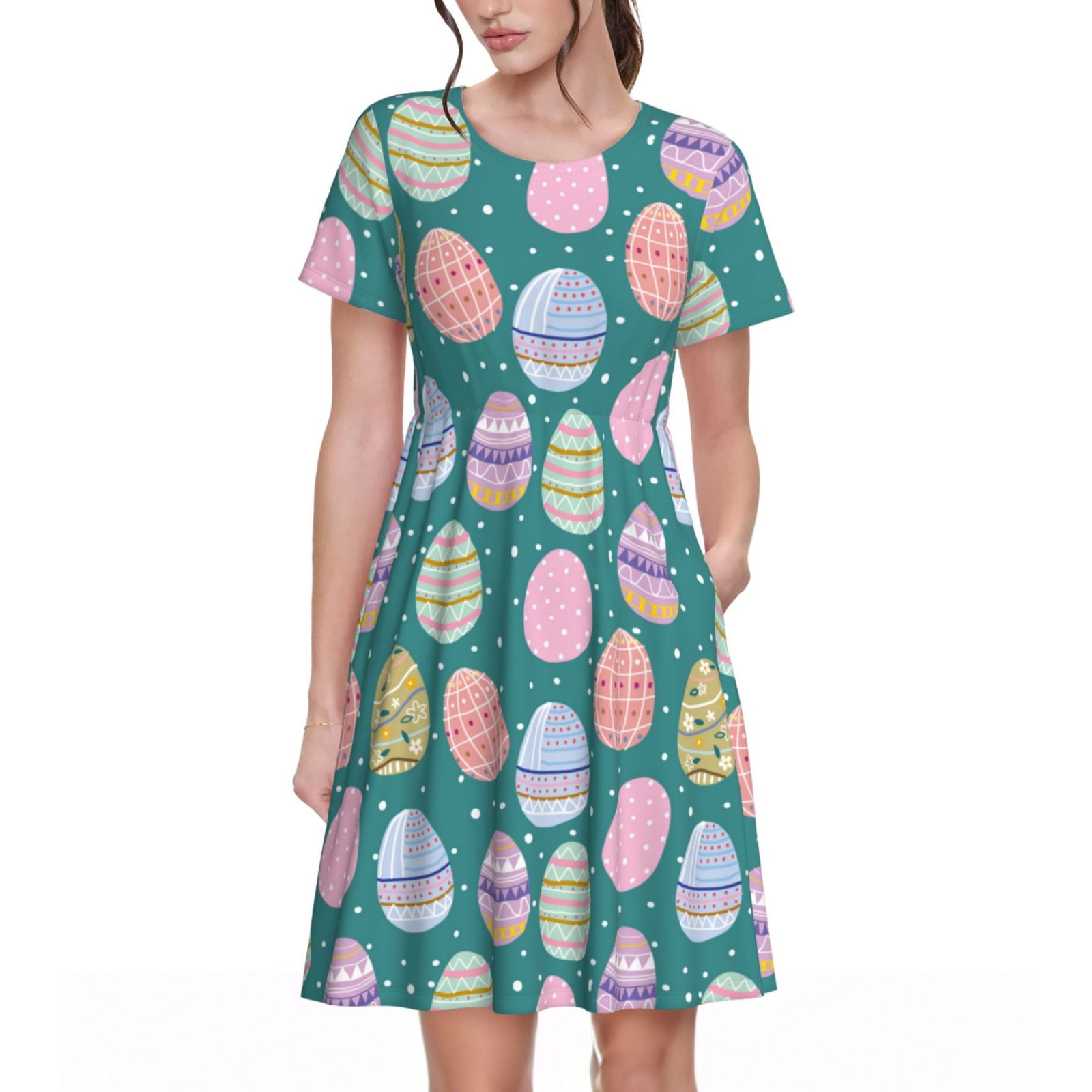 Defioc Colorful Easter eggs Pattern Womens Summer Dresses Short Sleeve ...