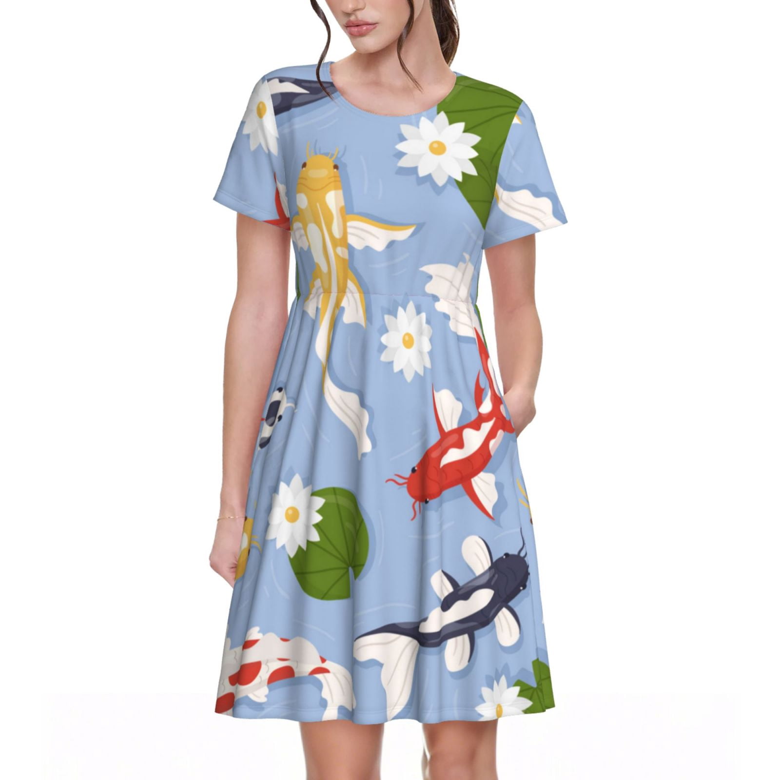 Defioc Colorful Koi Fish Pattern Womens Summer Dresses Short Sleeve ...