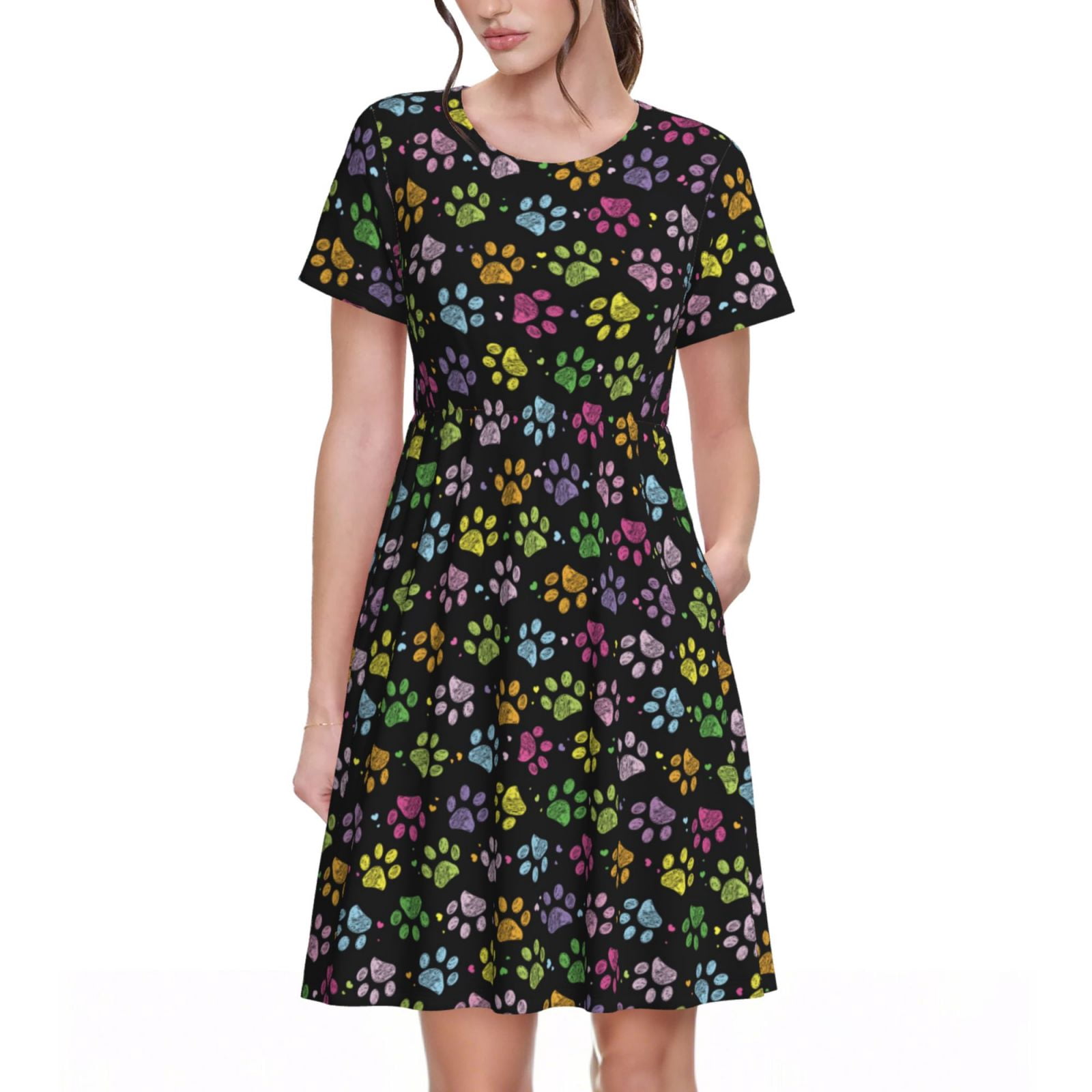 Defioc Colorful Paw Pattern Womens Summer Dresses Short Sleeve Sundress ...