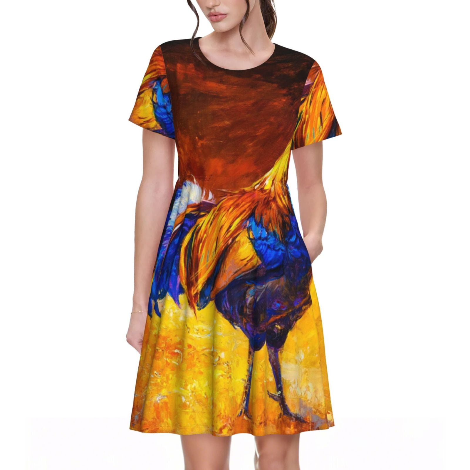 Defioc Colorful Rooster Pattern Womens Summer Dresses Short Sleeve ...