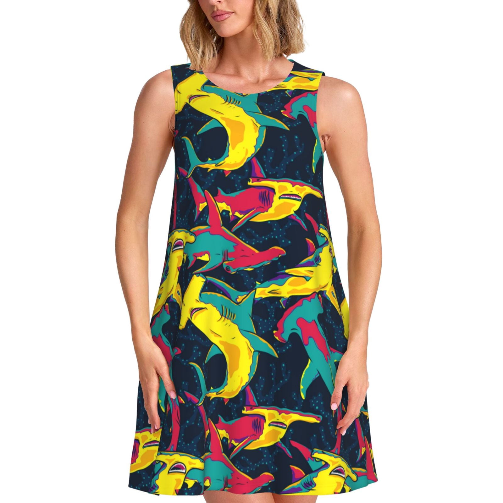 Defioc Colorful Sharks Pattern Women's Summer Dresses 2025 Beach Casual ...