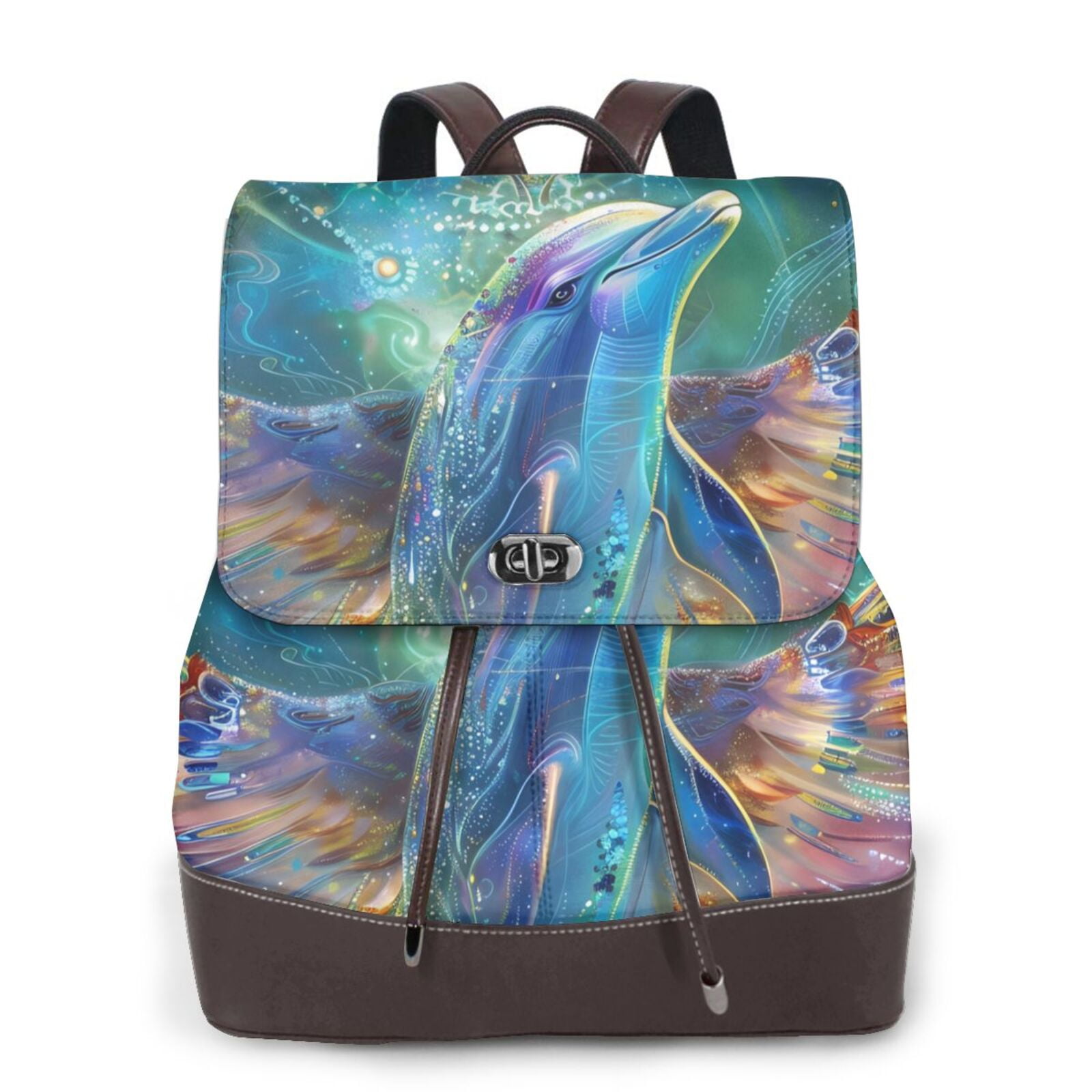 Defioc Colorful Winged Dolphin Print PU Leather Backpack,Backpack Purse ...