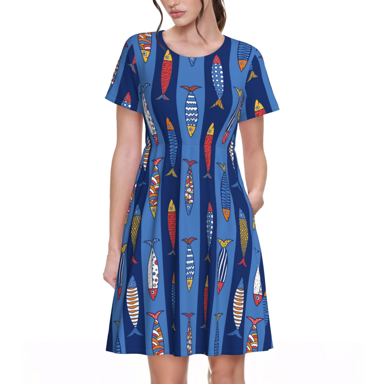 Defioc Cute Fish Pattern Womens Summer Dresses Short Sleeve Sundress ...