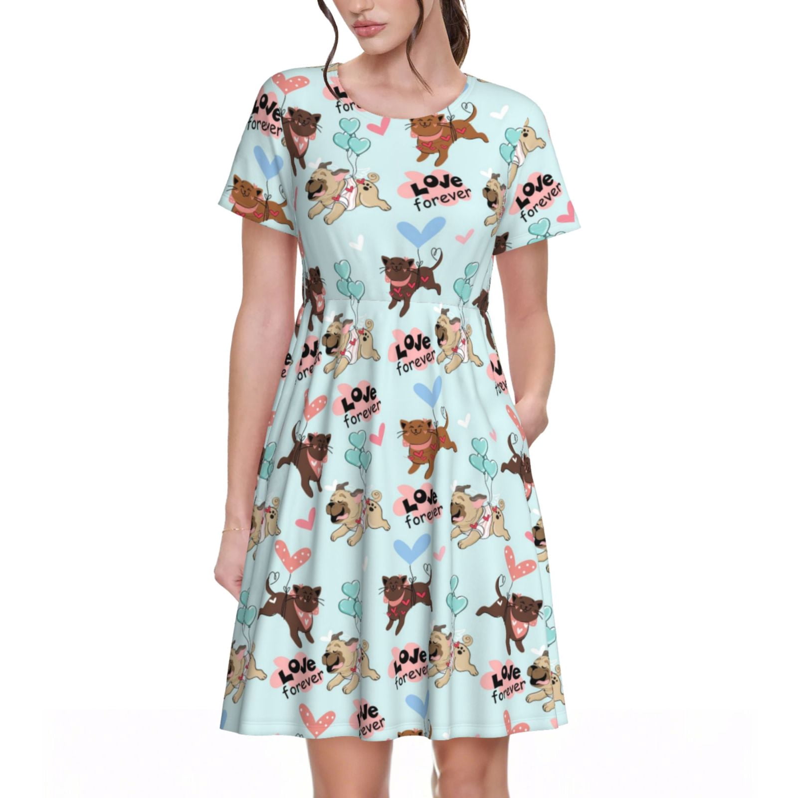 Defioc Cute Pug Dogs Pattern Womens Summer Dresses Short Sleeve ...
