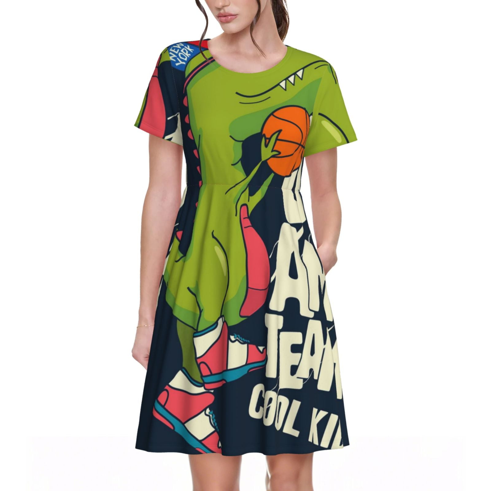 Defioc Dinosaur Basketball Player Pattern Womens Summer Dresses Short ...