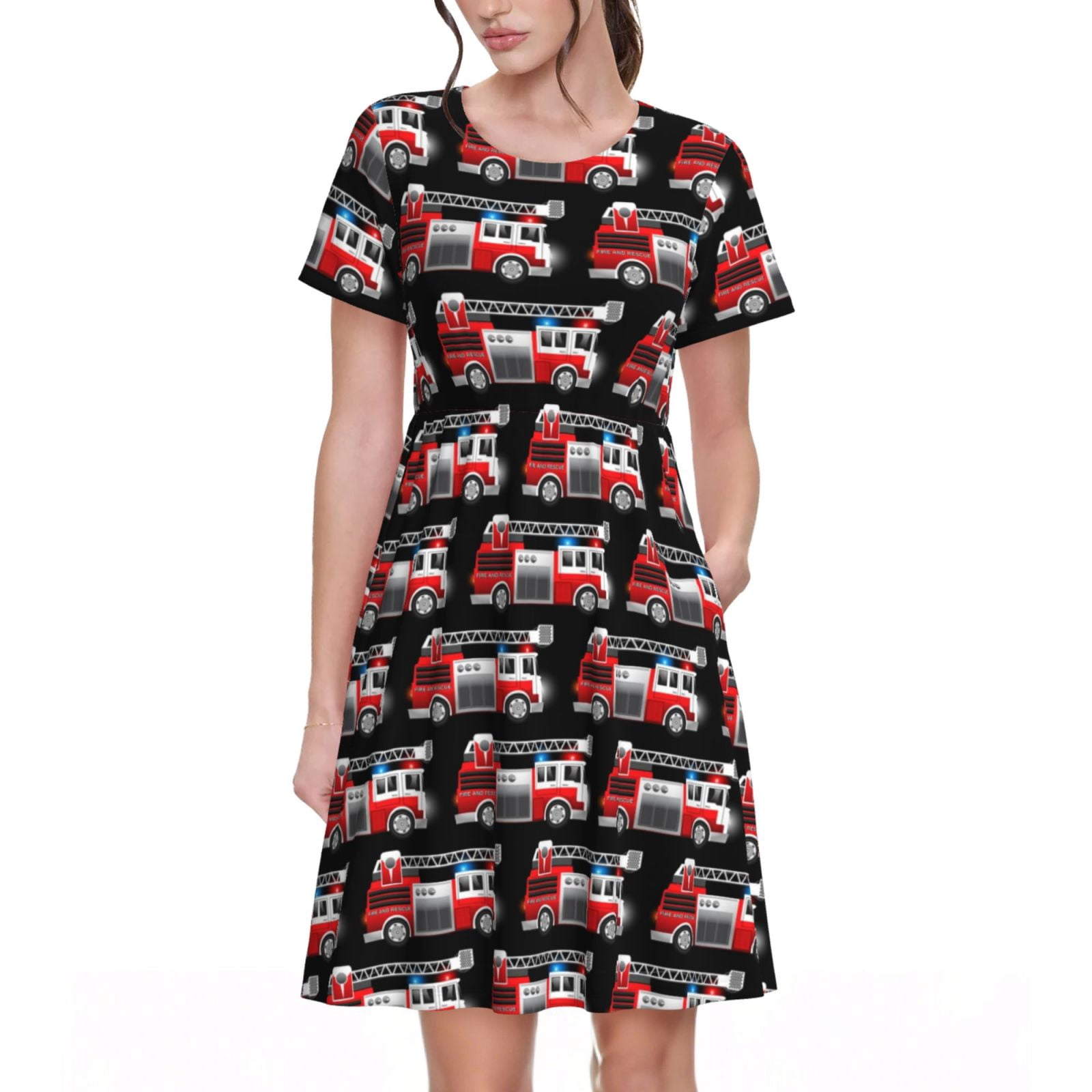 Defioc Fire and Rescue Truck Pattern Womens Summer Dresses Short Sleeve ...