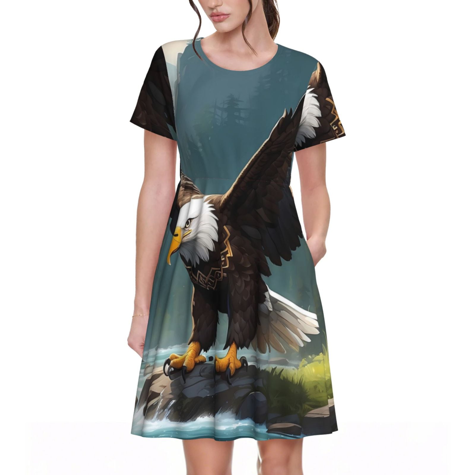 Defioc Forest River Bald Eagle Pattern Womens Summer Dresses Short ...