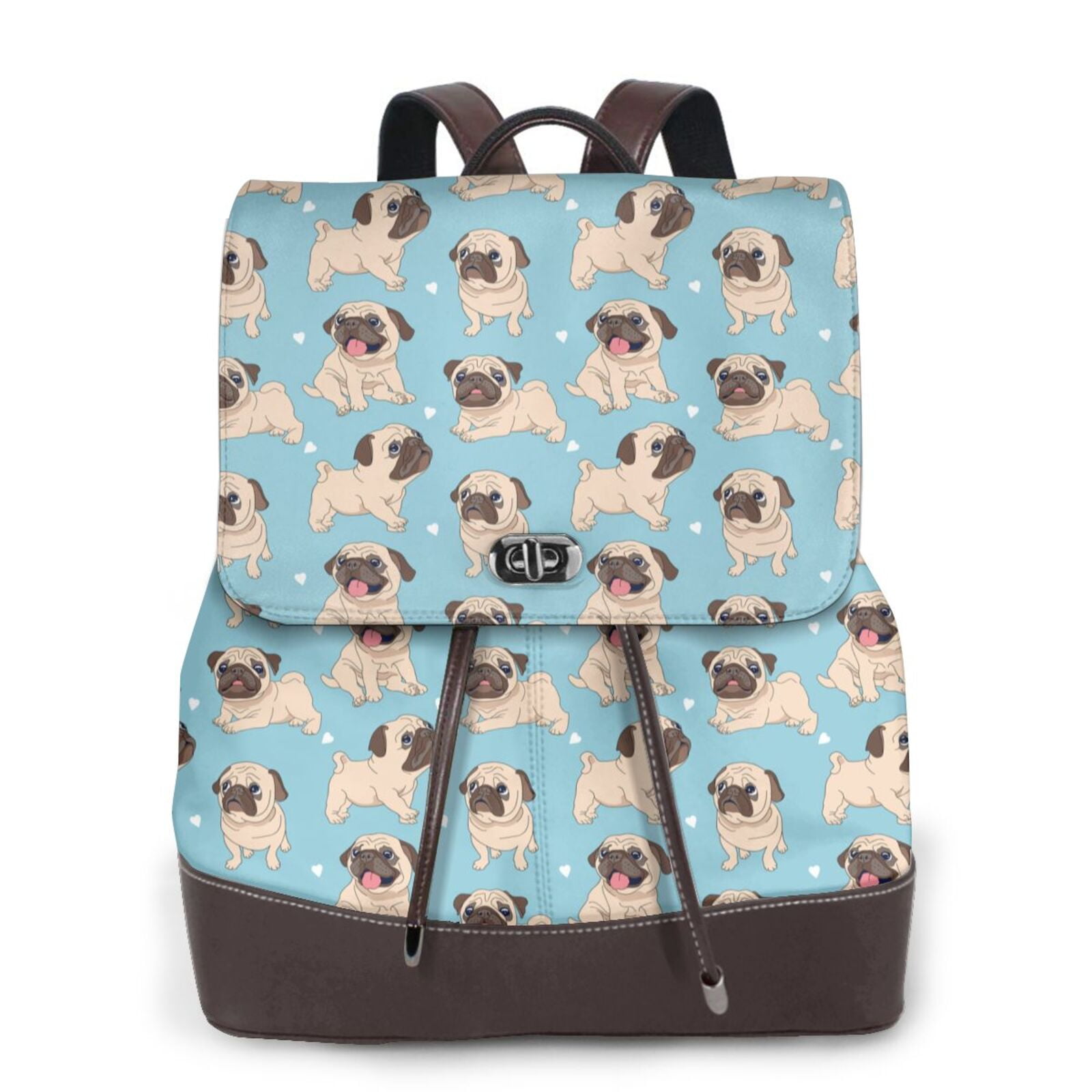 Defioc Funny Cartoon Pugs Print PU Leather Backpack,Backpack Purse for ...