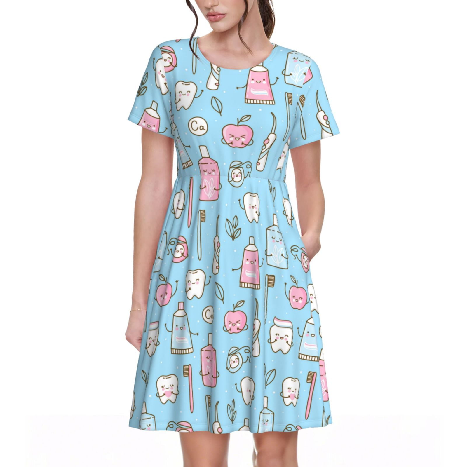 Defioc Funny Cute Teeth Pattern Womens Summer Dresses Short Sleeve ...