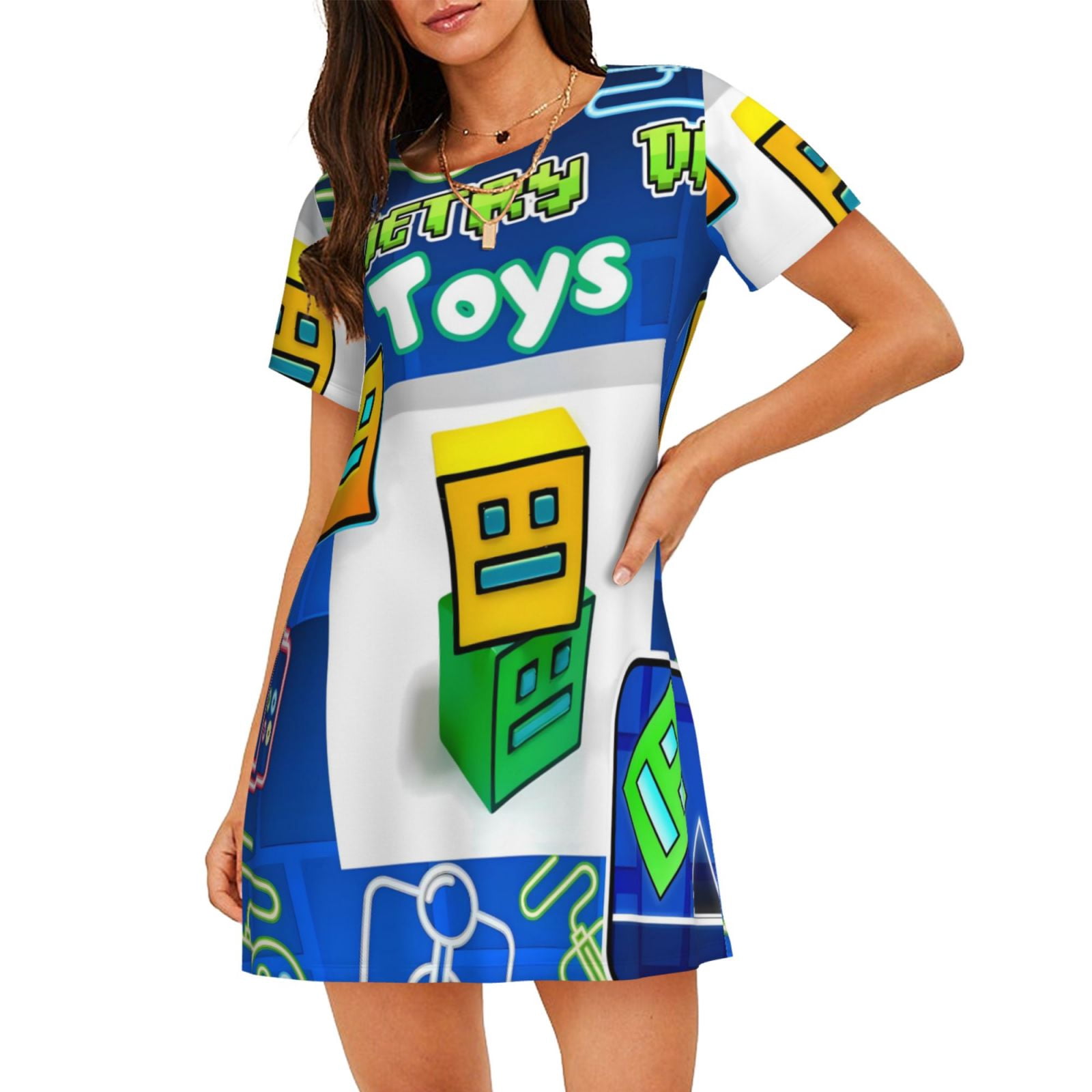 Defioc Geometry Dash Pattern Women's Nightgown,Short Sleeve Sleepwear ...