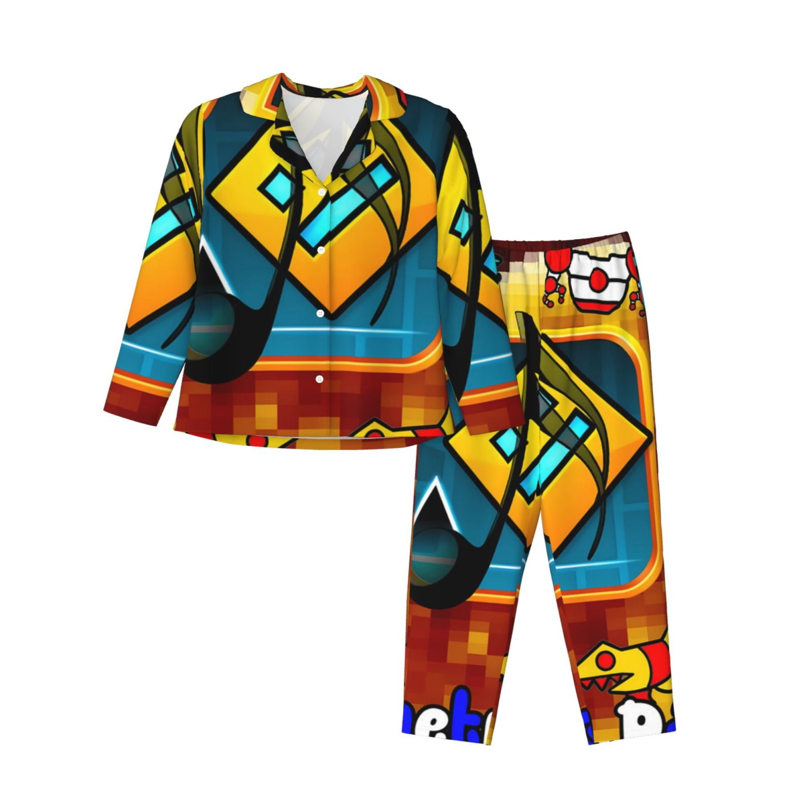 Defioc Geometry Dash Pattern Womens Pajama Sets,Long Sleeve Button Down ...