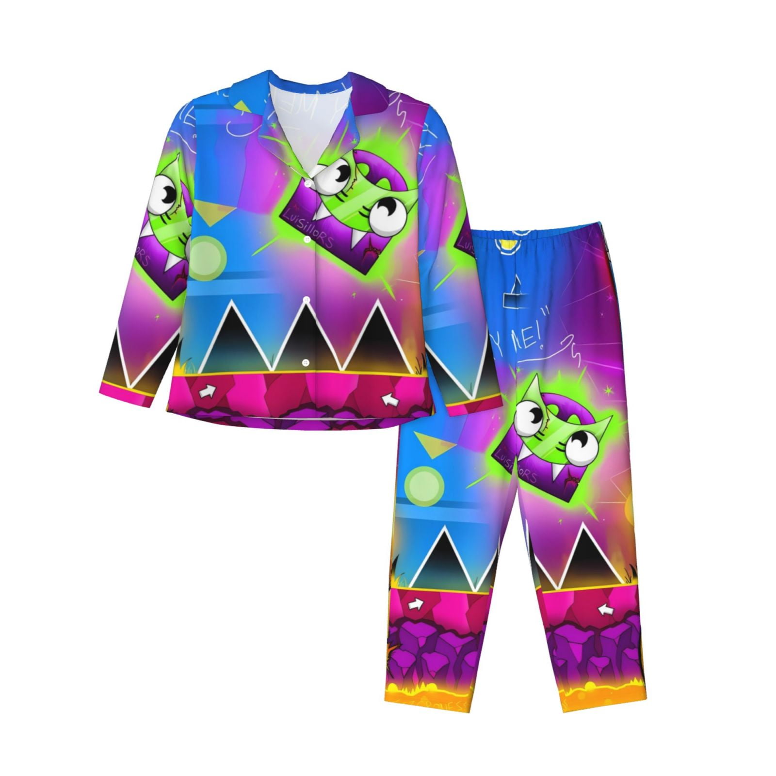 Defioc Geometry Dash Pattern Womens Pajama Sets,Long Sleeve Button Down ...