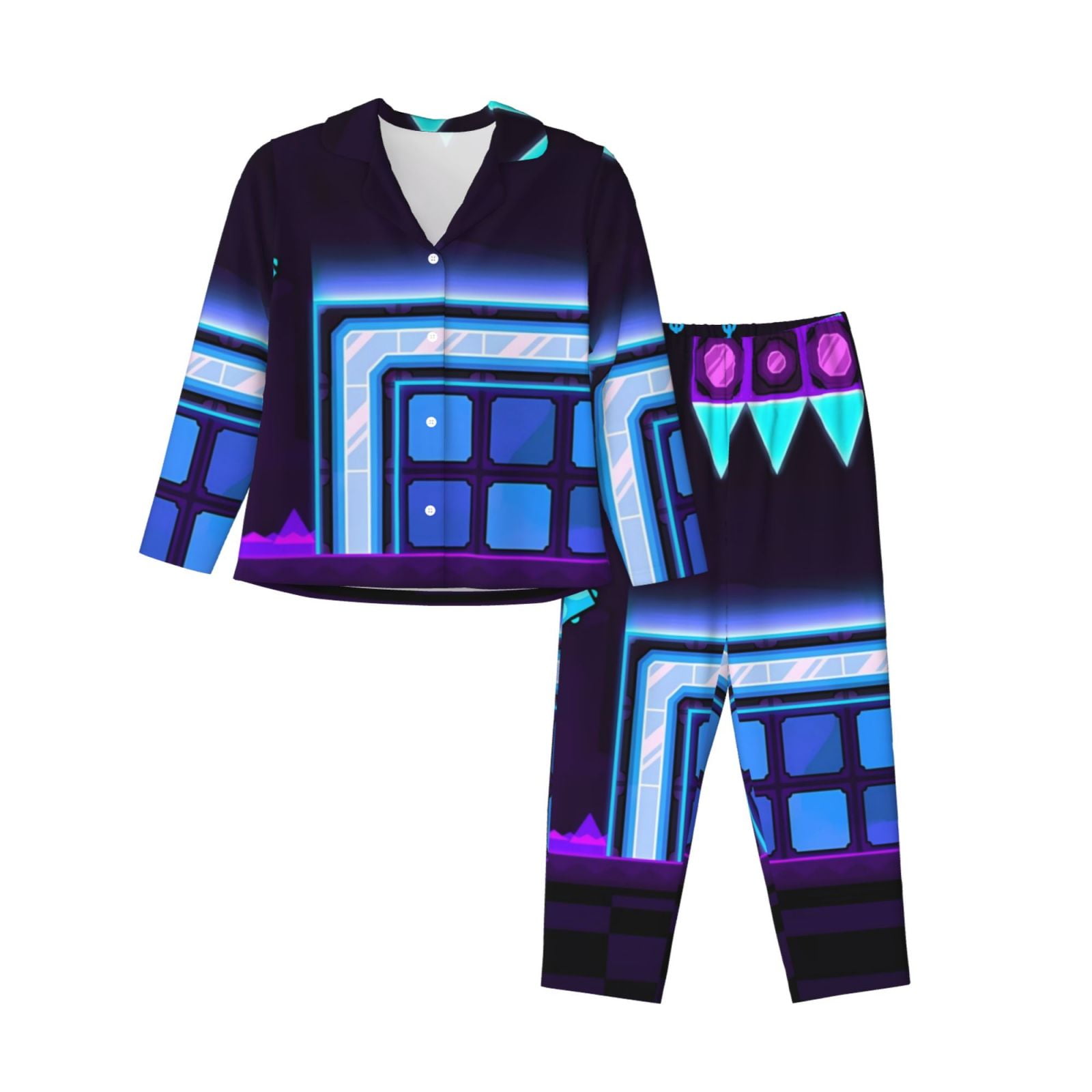 Defioc Geometry Dash Pattern Womens Pajama Sets,Long Sleeve Button Down ...