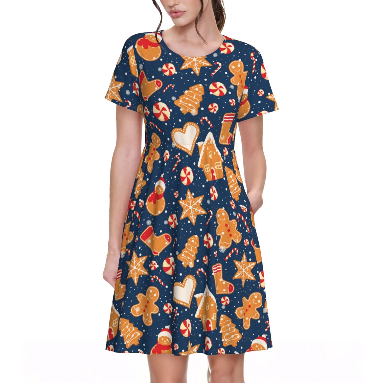 Defioc Gingerbread Delights Pattern Womens Summer Dresses Short Sleeve ...
