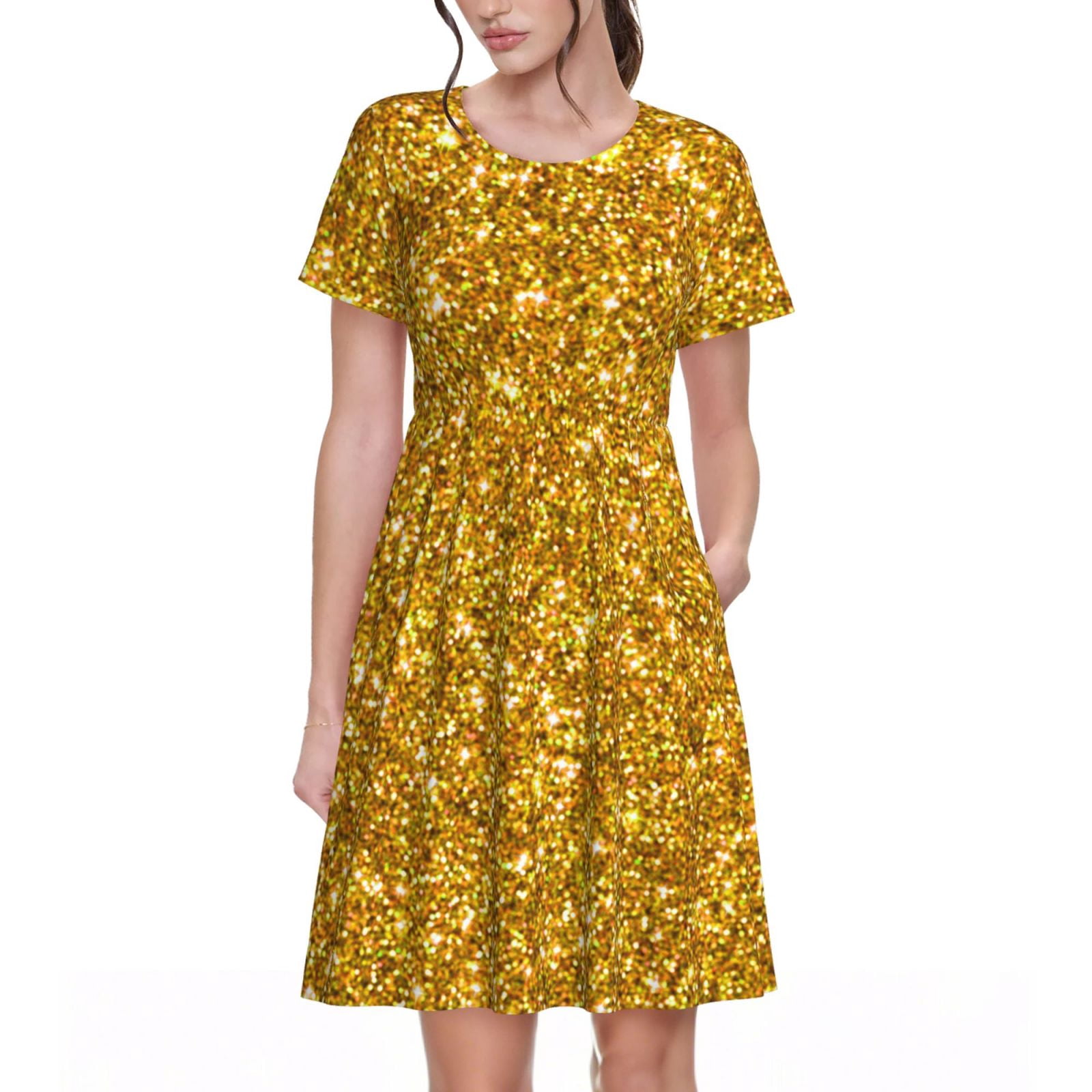 Defioc Gold Glitter Pattern Womens Summer Dresses Short Sleeve Sundress ...