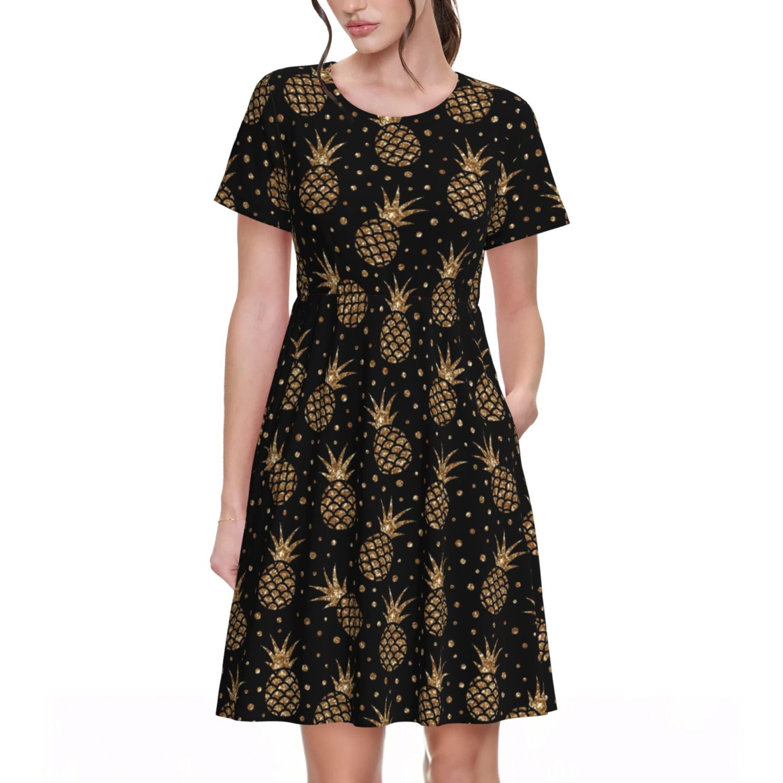 Defioc Gold Glitter Pineapples Pattern Womens Summer Dresses Short ...