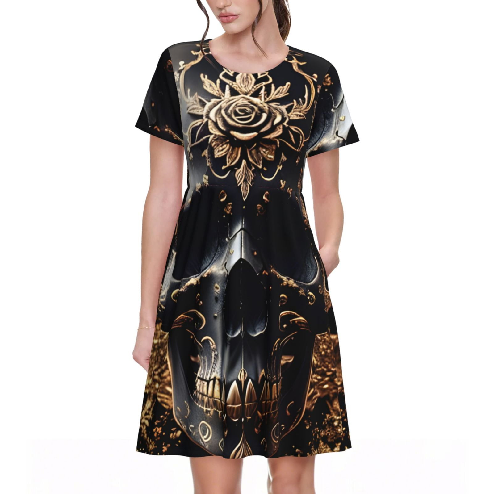 Defioc Gold Pattern Black Skull Pattern Womens Summer Dresses Short ...