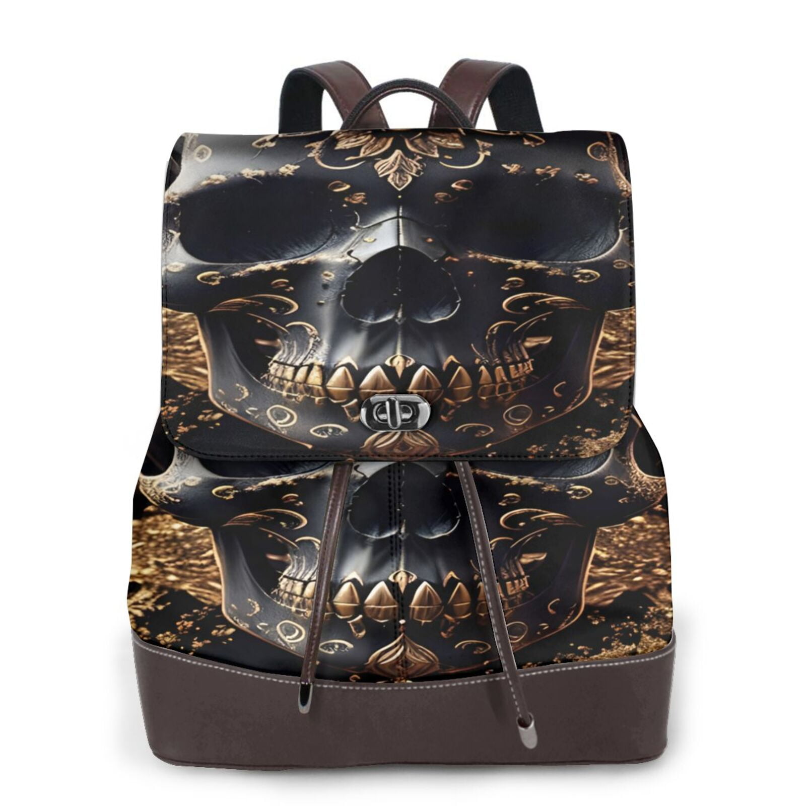 Defioc Gold Pattern Black Skull Print PU Leather Backpack,Backpack ...