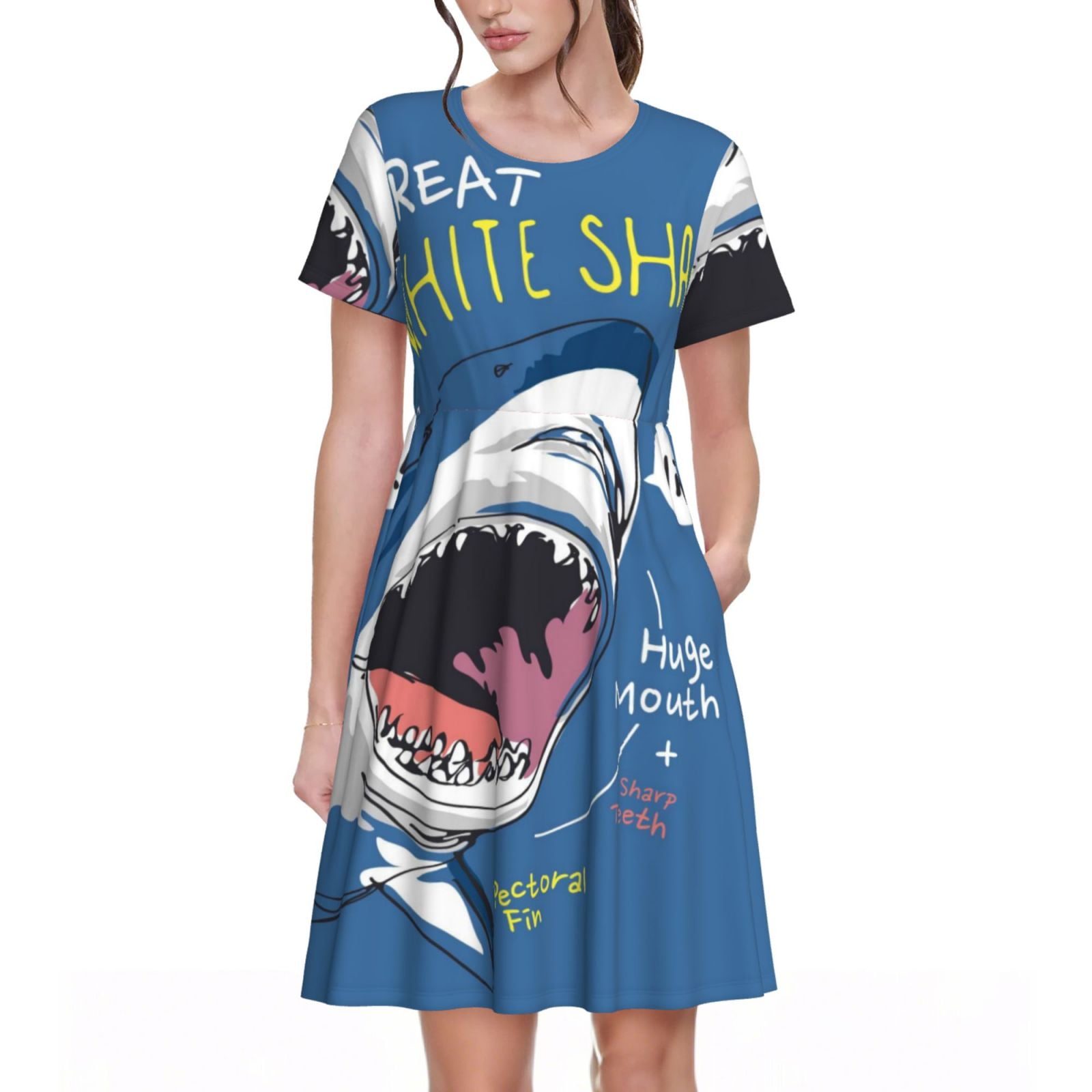 Defioc Great White Shark Pattern Womens Summer Dresses Short Sleeve ...