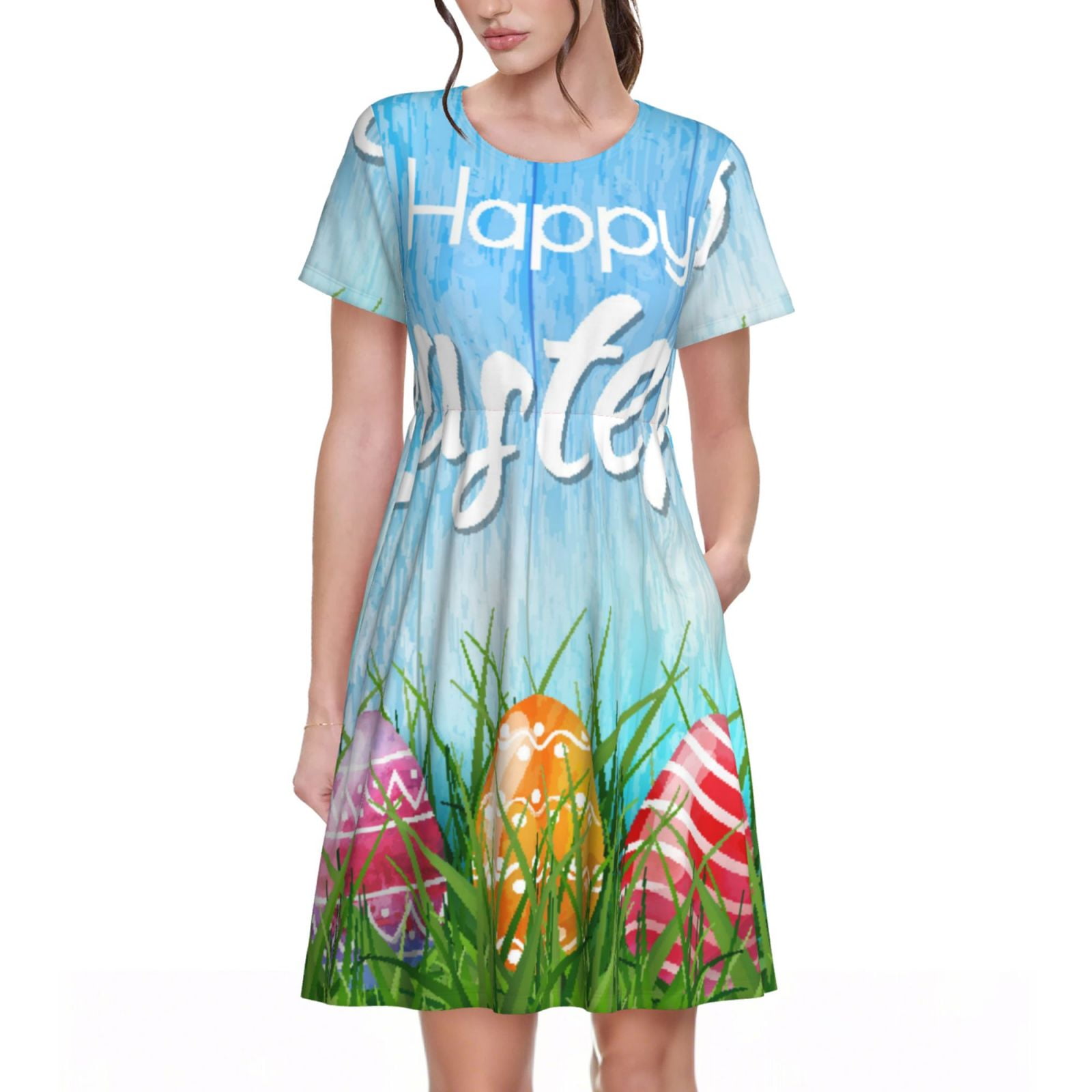 Defioc Happy Easter Pattern Womens Summer Dresses Short Sleeve Sundress ...