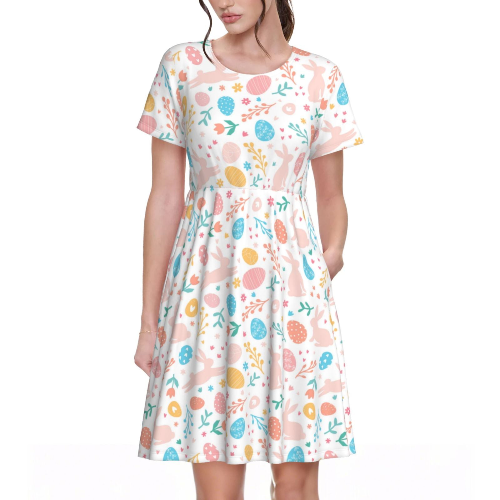 Defioc Happy Easter Pattern Womens Summer Dresses Short Sleeve Sundress ...