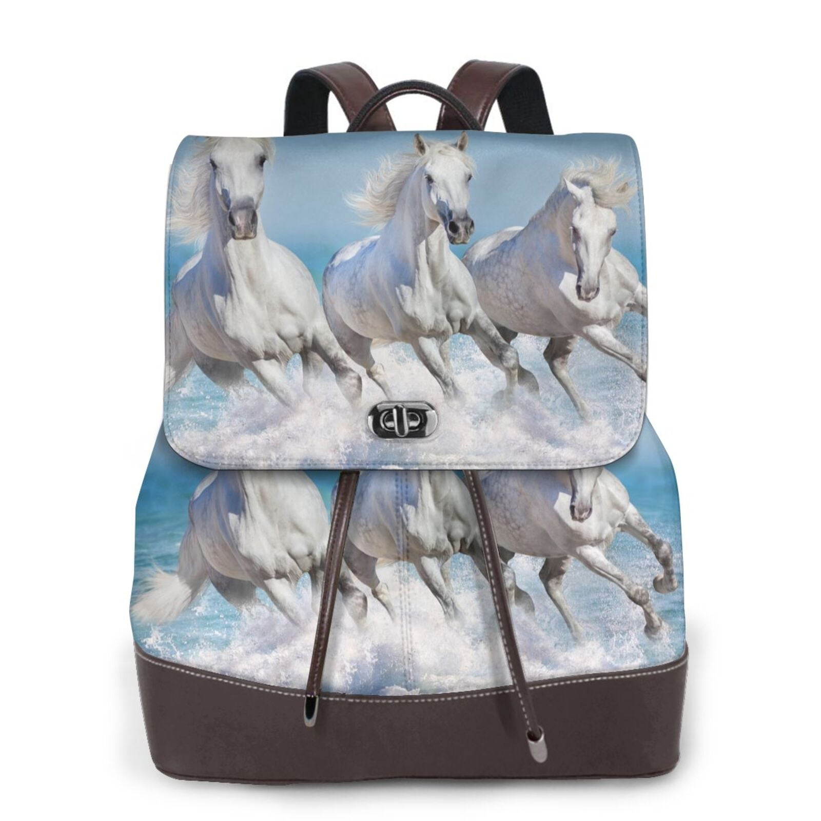 Defioc Horses Running Through The Water Print PU Leather Backpack ...