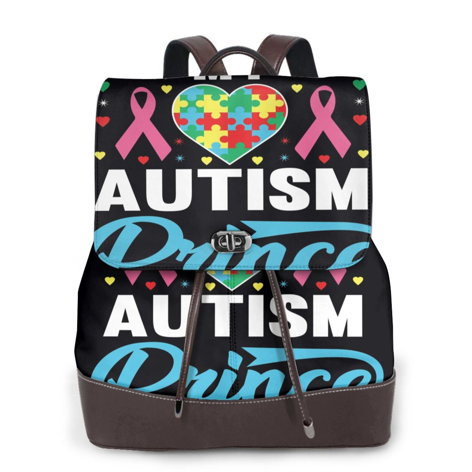 Defioc I Love My Autism Print PU Leather Backpack,Backpack Purse for ...