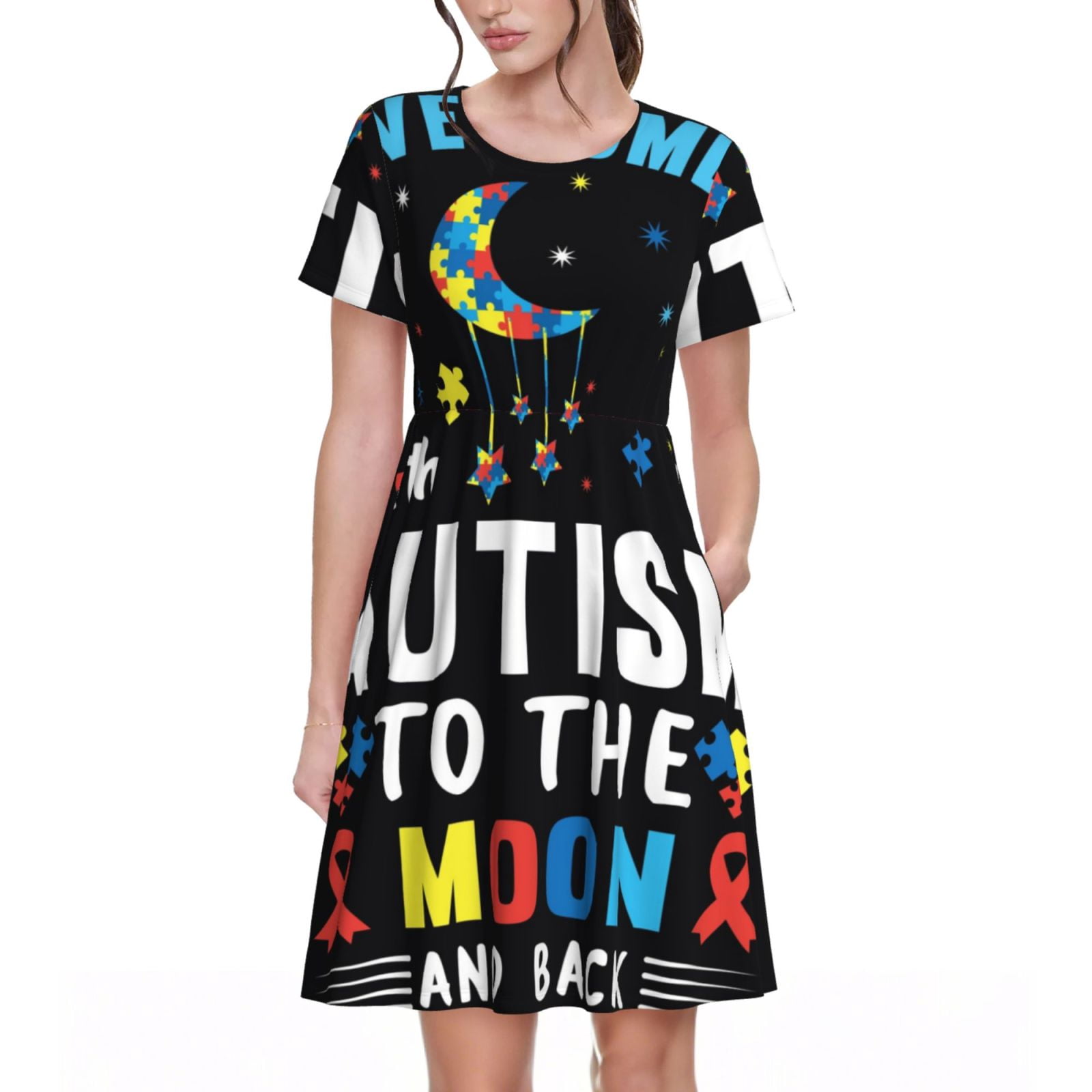 Defioc I Love With Autism To The Moon And Back Pattern Womens Summer ...