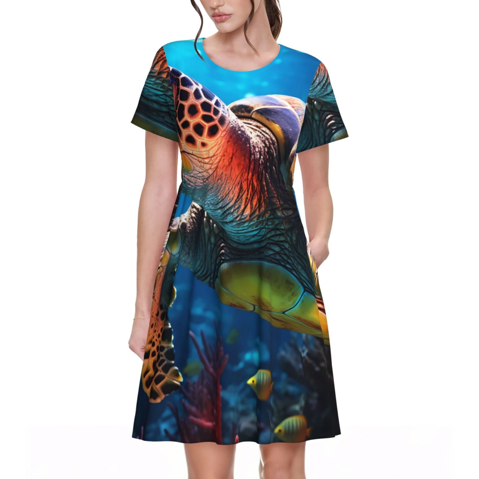 Defioc Ice Blue Ocean Sea Turtle Pattern Womens Summer Dresses Short ...