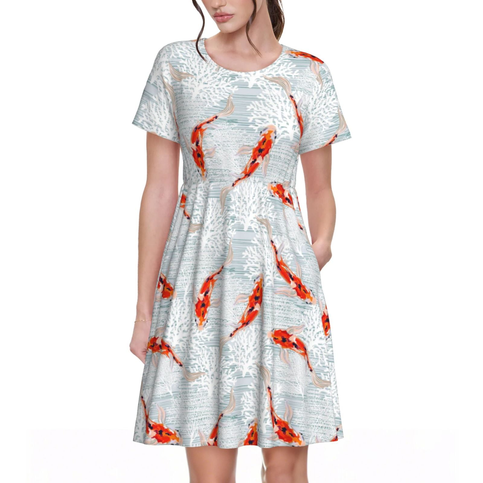 Defioc Koi Fish Corals,Spring Summer Pattern Womens Summer Dresses ...