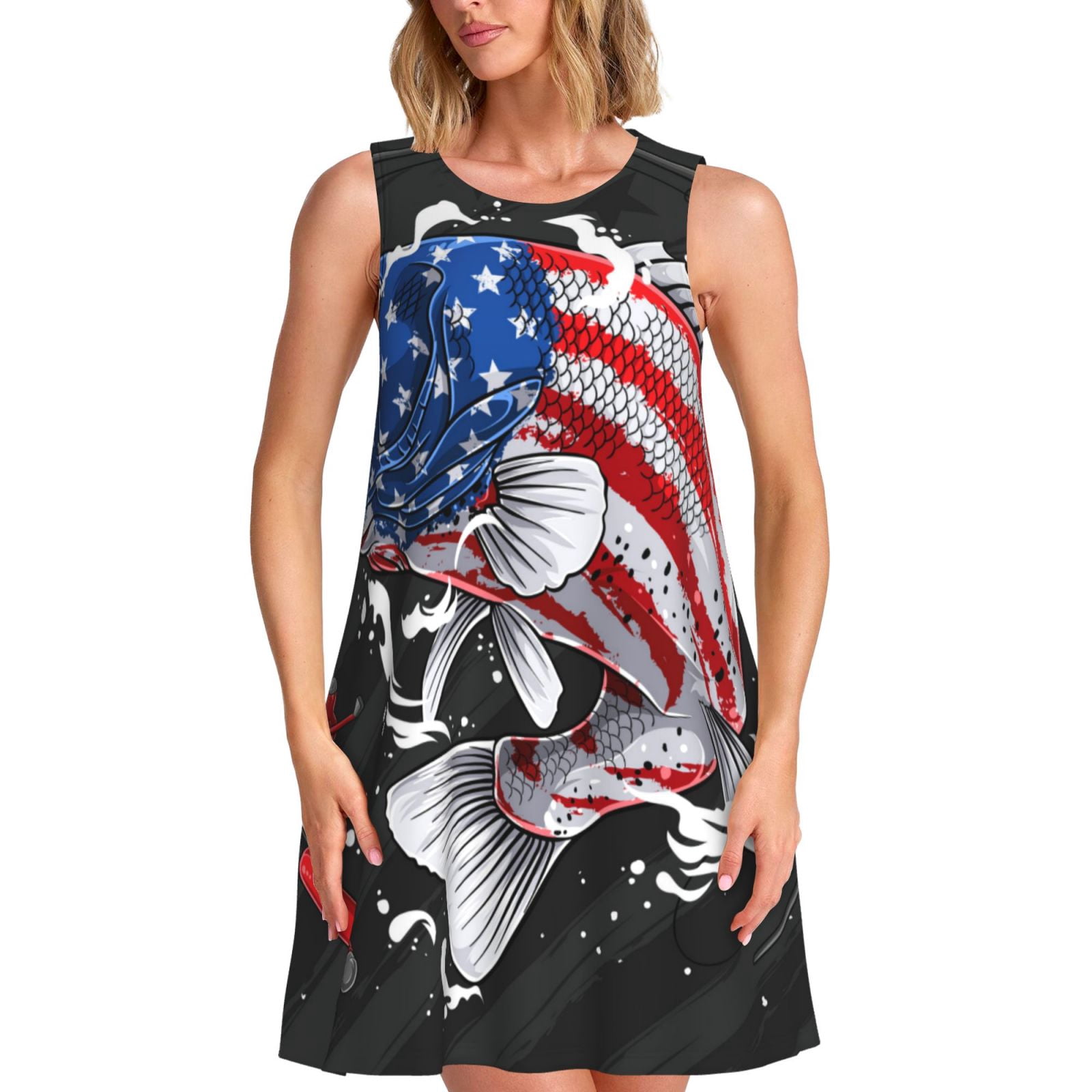Defioc Largemouth Bass Fish in USA Pattern Women's Summer Dresses 2025 ...