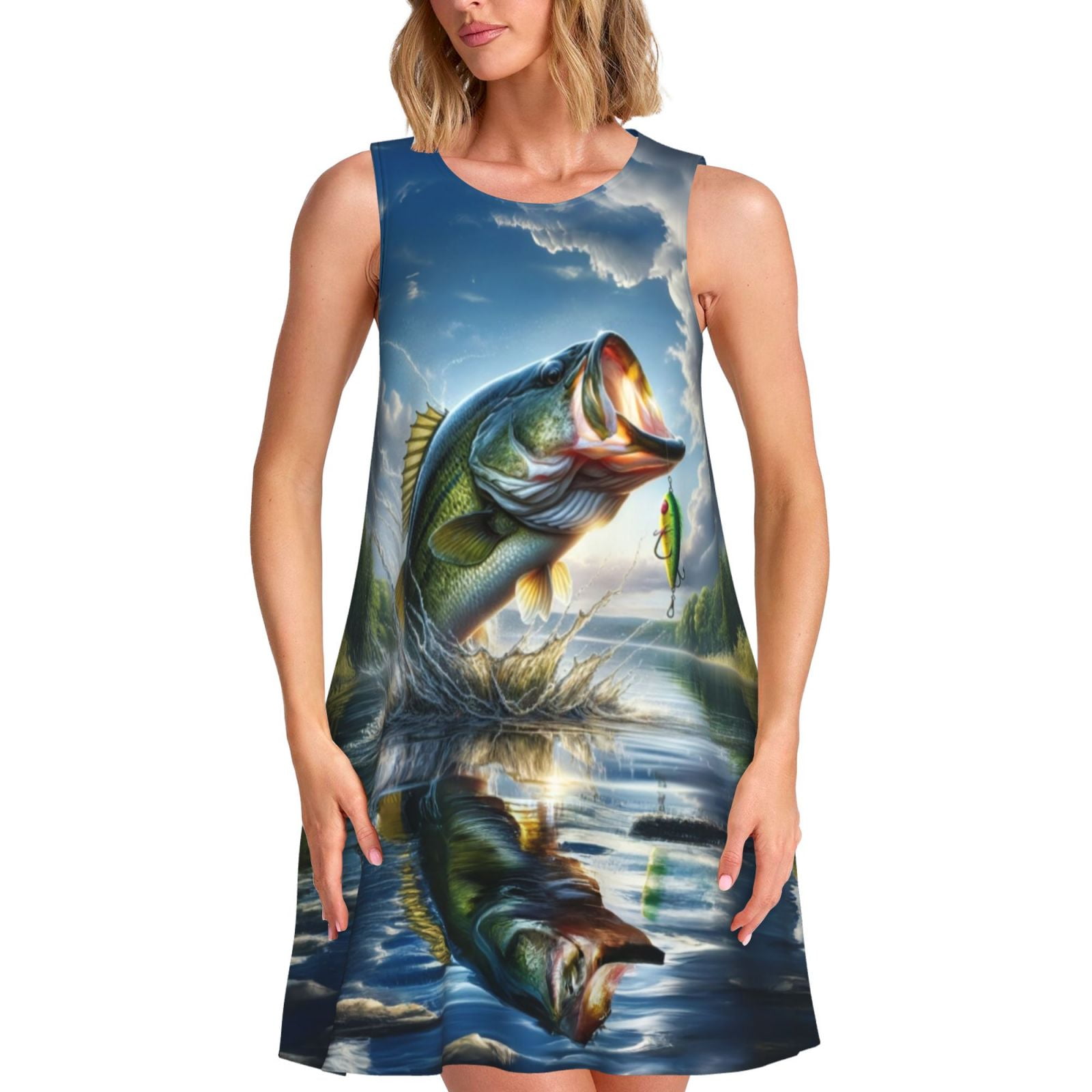 Defioc Largemouth Bass Jumping Out of The Water Pattern Women's Summer ...