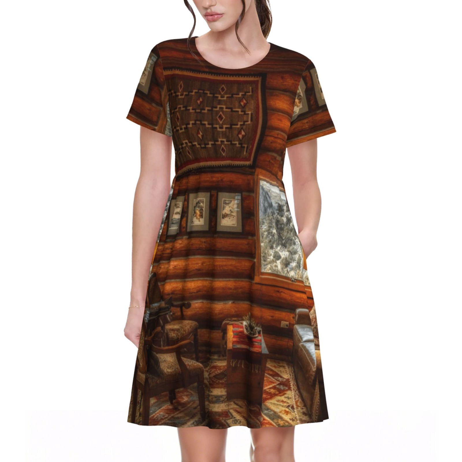 Defioc Log Cabin Inside Pattern Womens Summer Dresses Short Sleeve ...