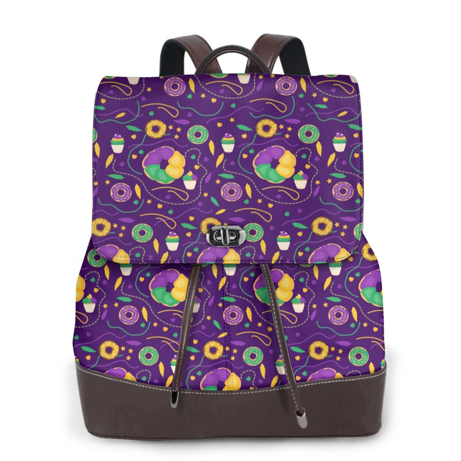 Defioc Mardi Gras and Donuts Print PU Leather Backpack,Backpack Purse ...