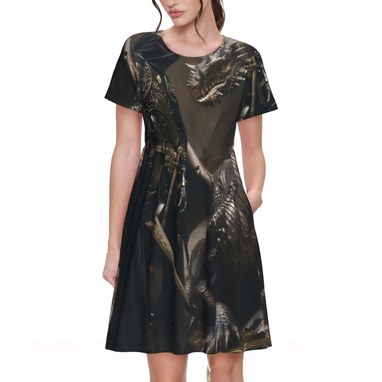 Defioc Medieval Knight And Dragon Pattern Womens Summer Dresses Short ...