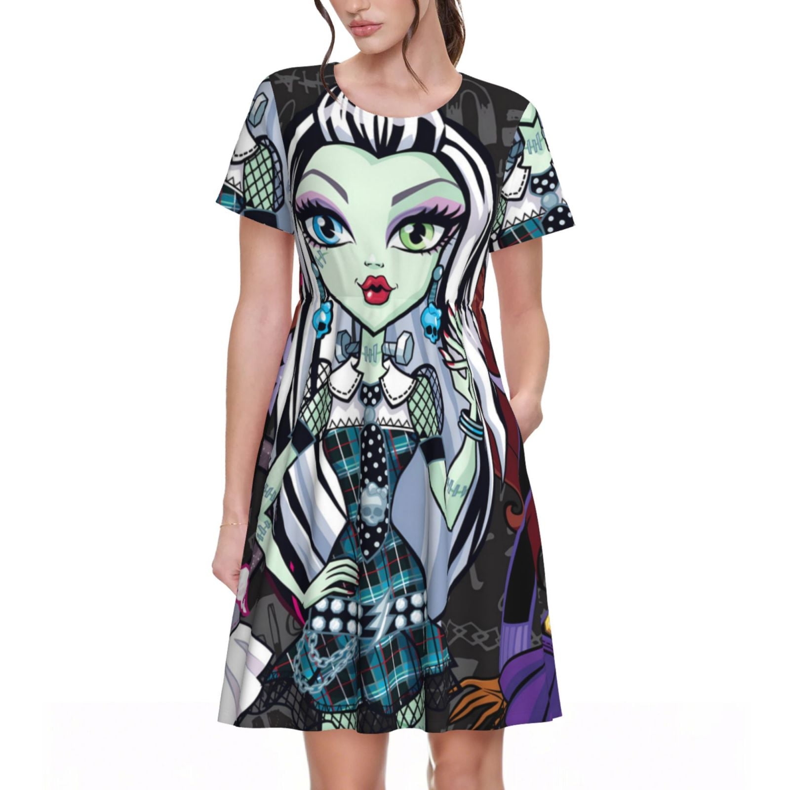 Defioc Monster High Pattern Womens Summer Dresses Short Sleeve Sundress ...